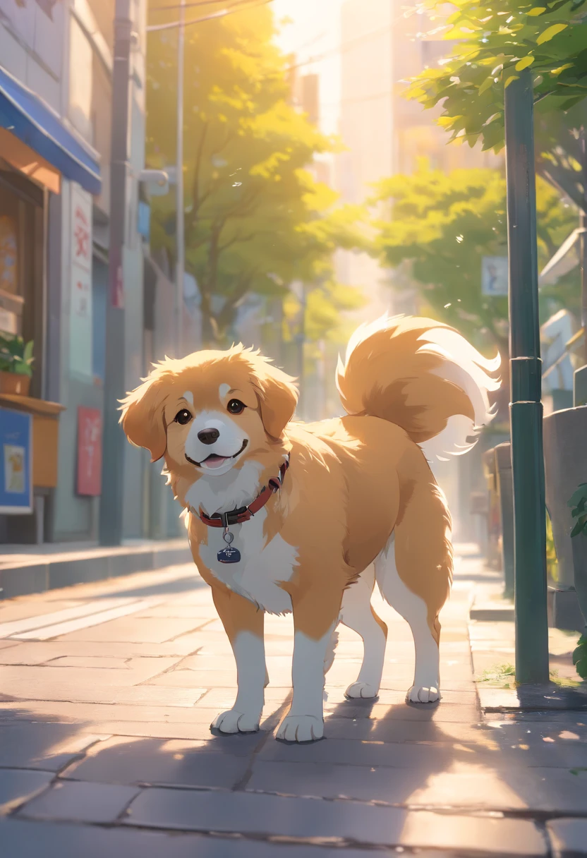 A close up of a dog standing on a sidewalk near a street - SeaArt AI