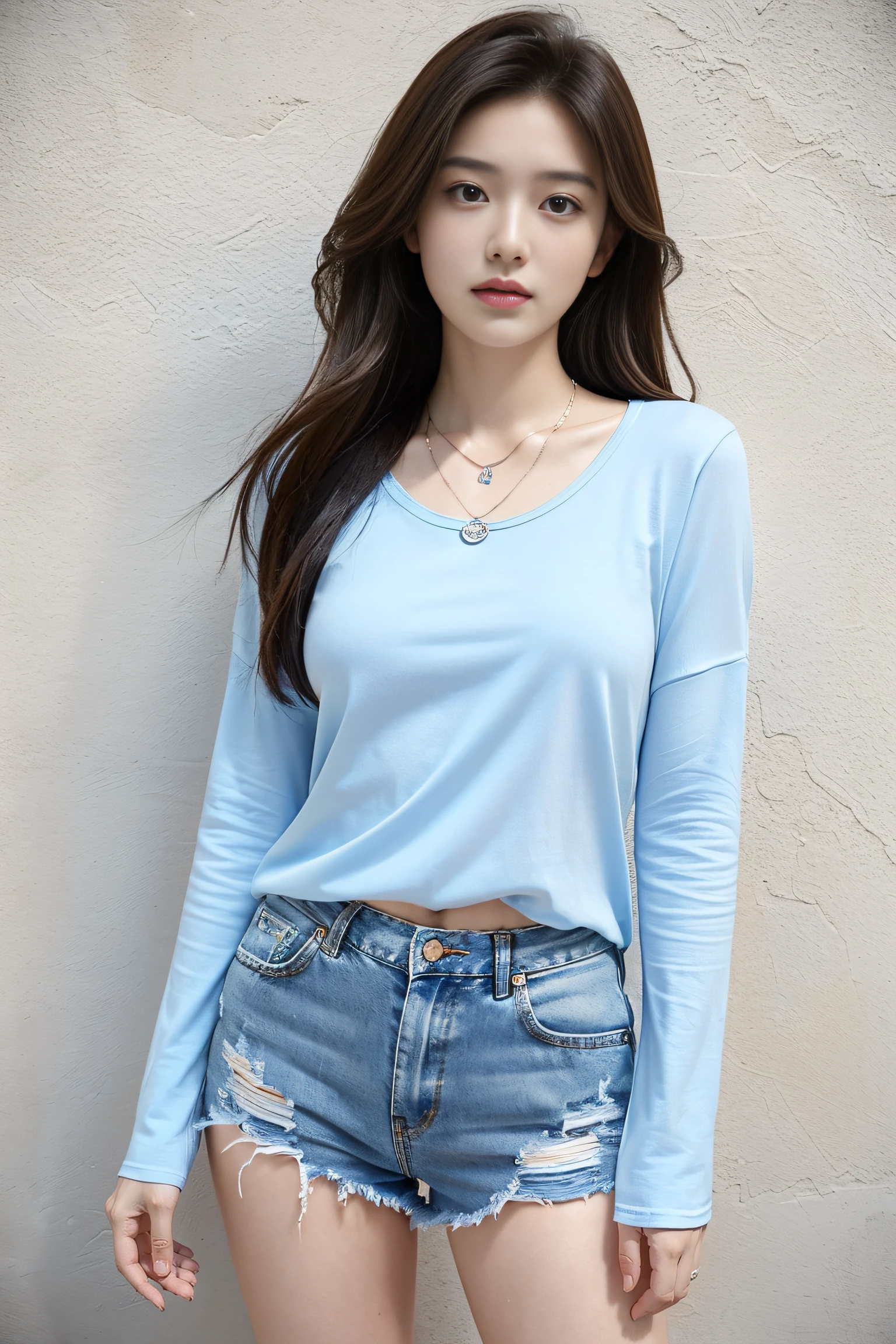 A woman in a blue shirt and denim shorts posing for a picture - SeaArt AI