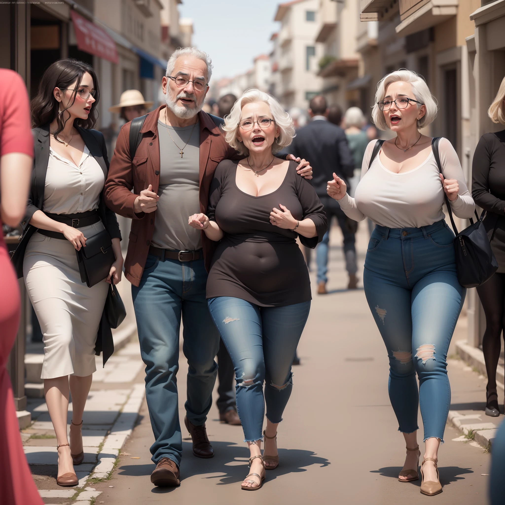 Several people walking down a street with one woman laughing - SeaArt AI