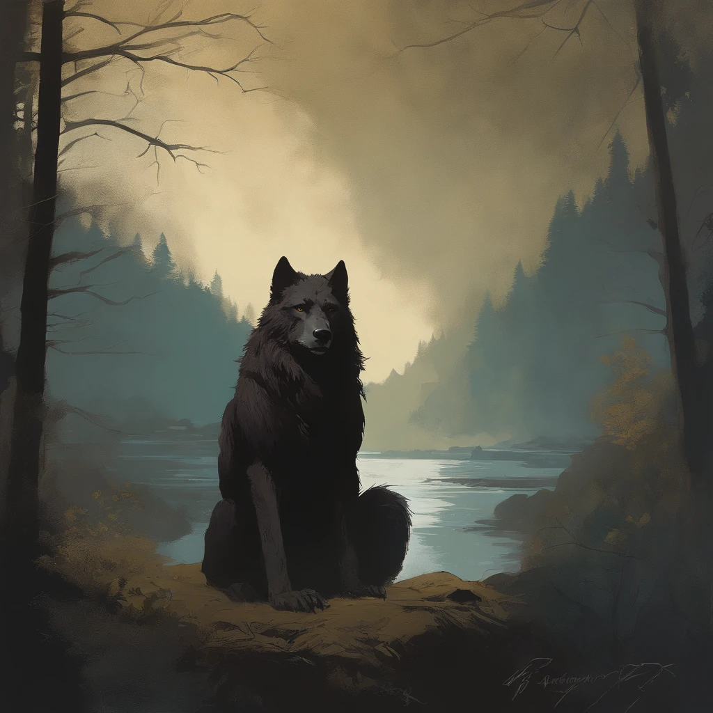 Painting of a wolf sitting on a rock in a forest - SeaArt AI