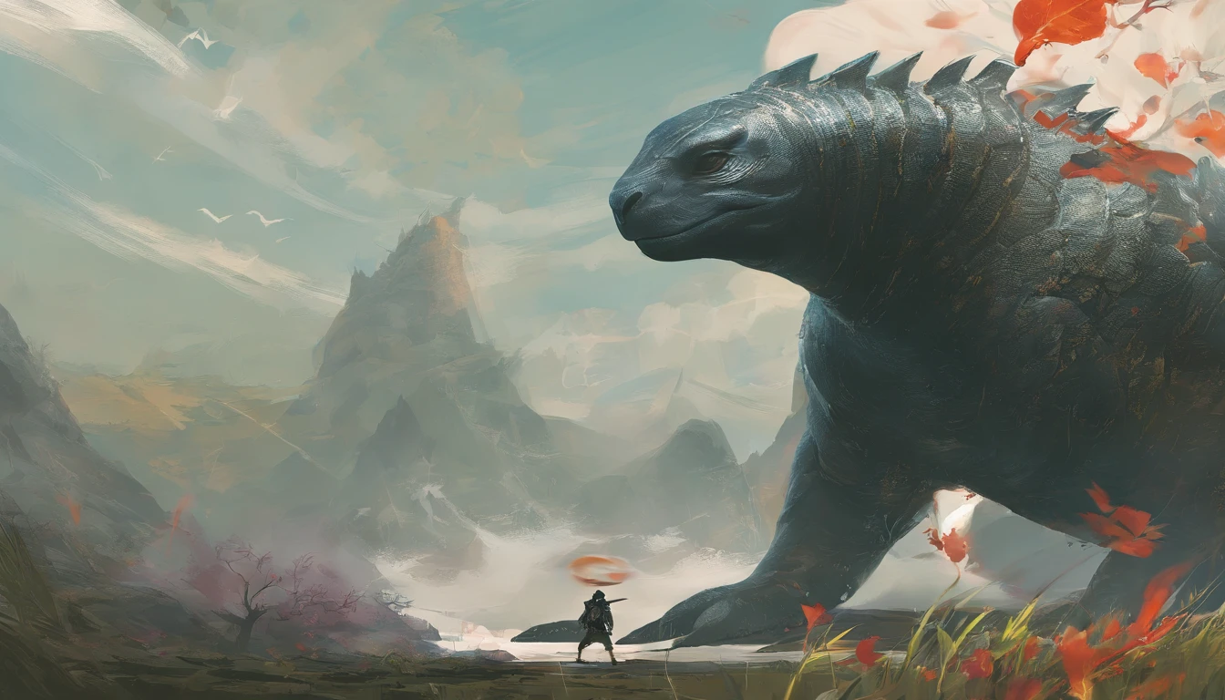 A close up of a person standing in front of a giant godzilla - SeaArt AI