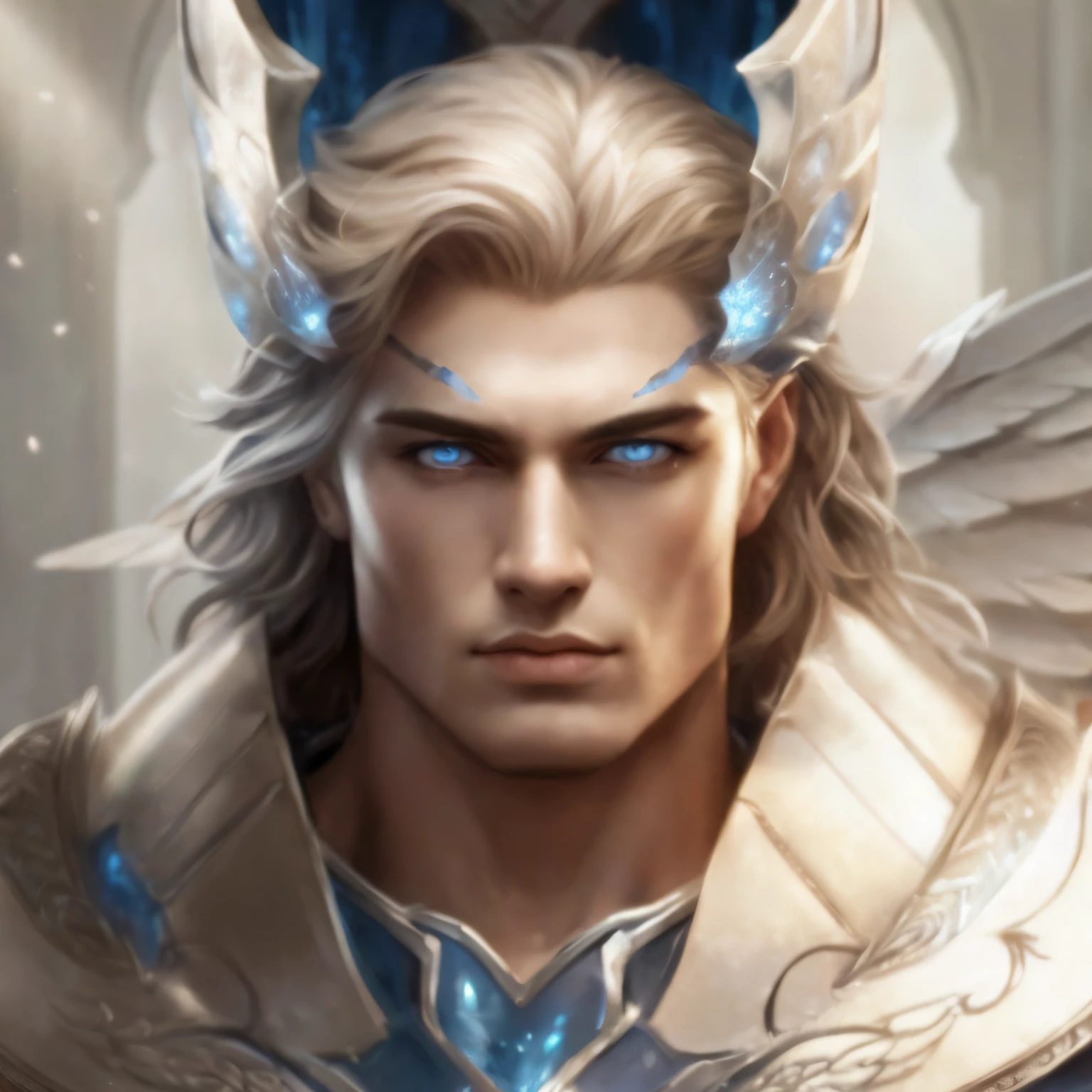 A close up of a man with a white and blue outfit - SeaArt AI