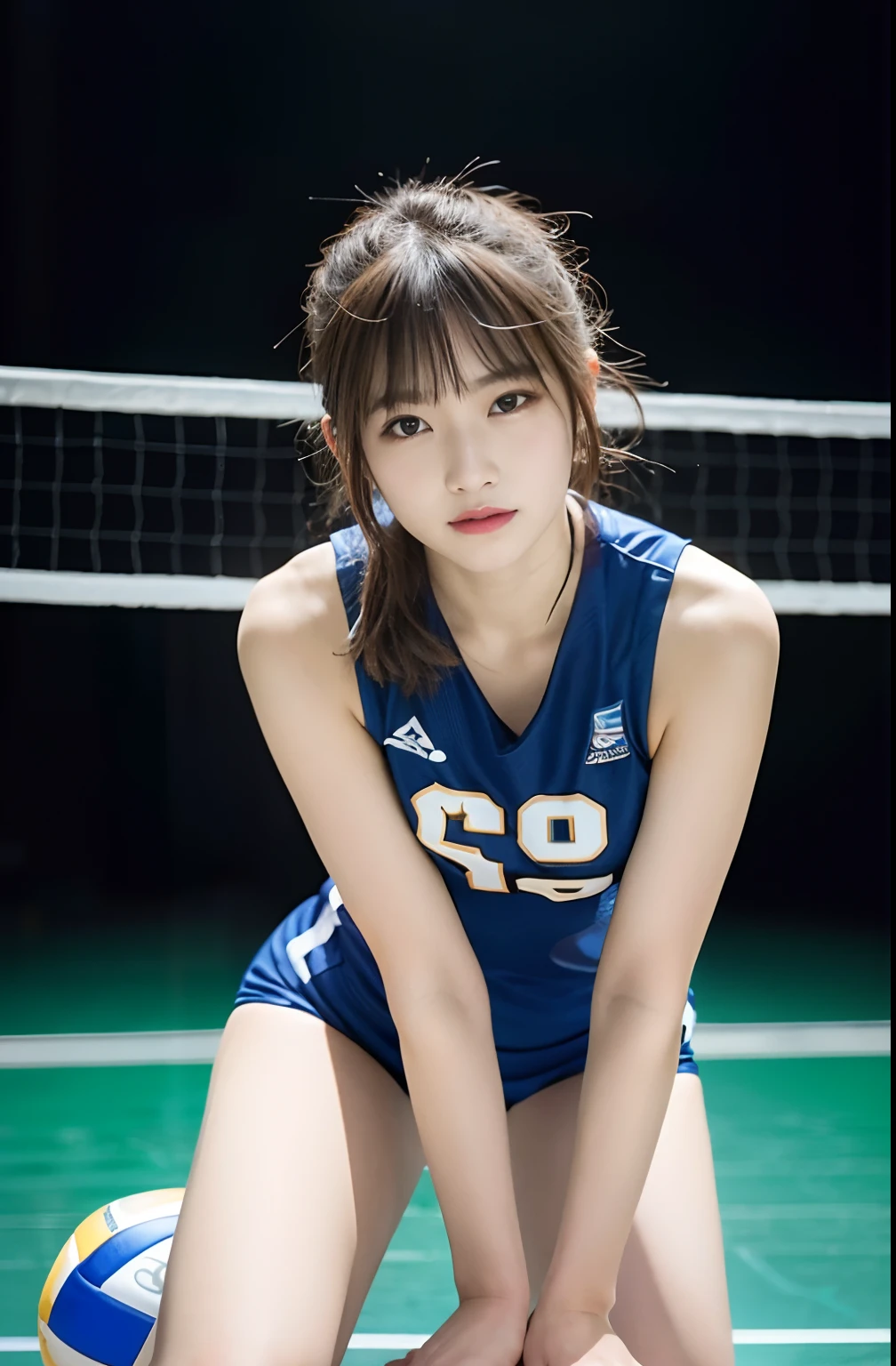 A close up of a woman kneeling on a volleyball court holding a ball ...