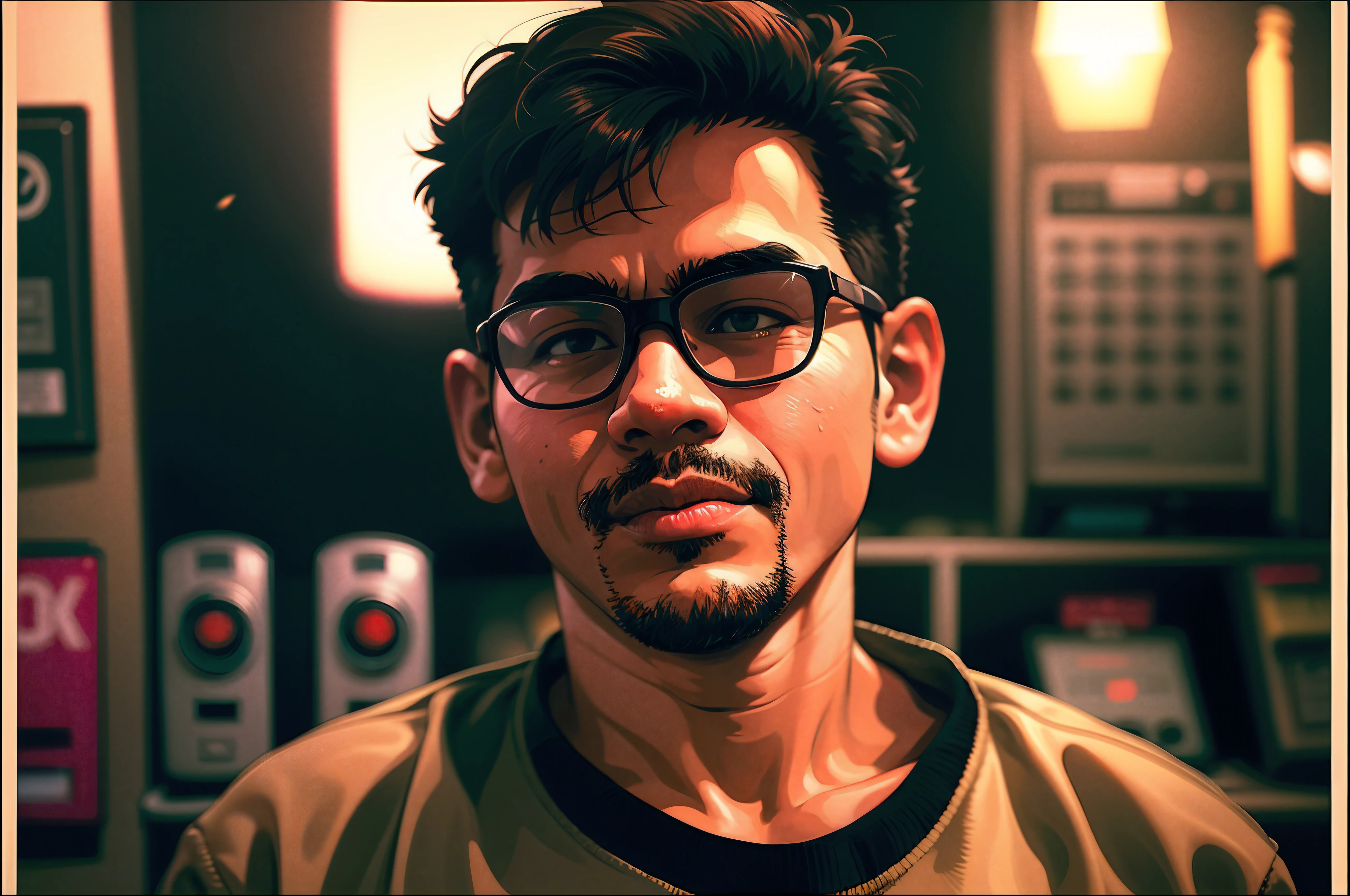 There is a man with glasses and a mustache in a room - SeaArt AI