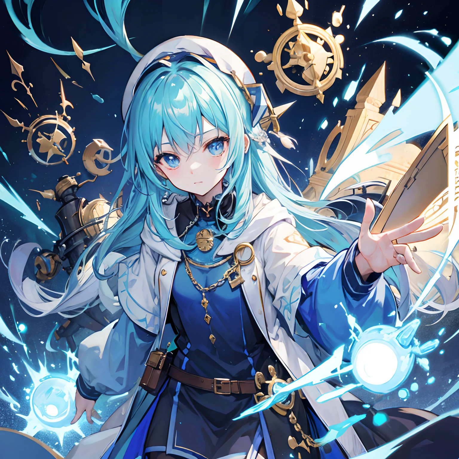 A close up of a person with blue hair and a sword - SeaArt AI