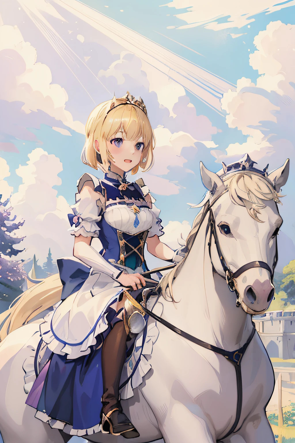 Anime girl riding a horse in a field with a sky background - SeaArt AI