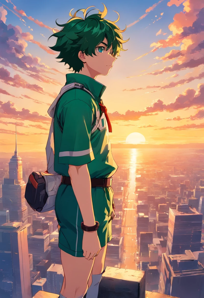 A young man with green hair standing on a hill looking at the sun ...