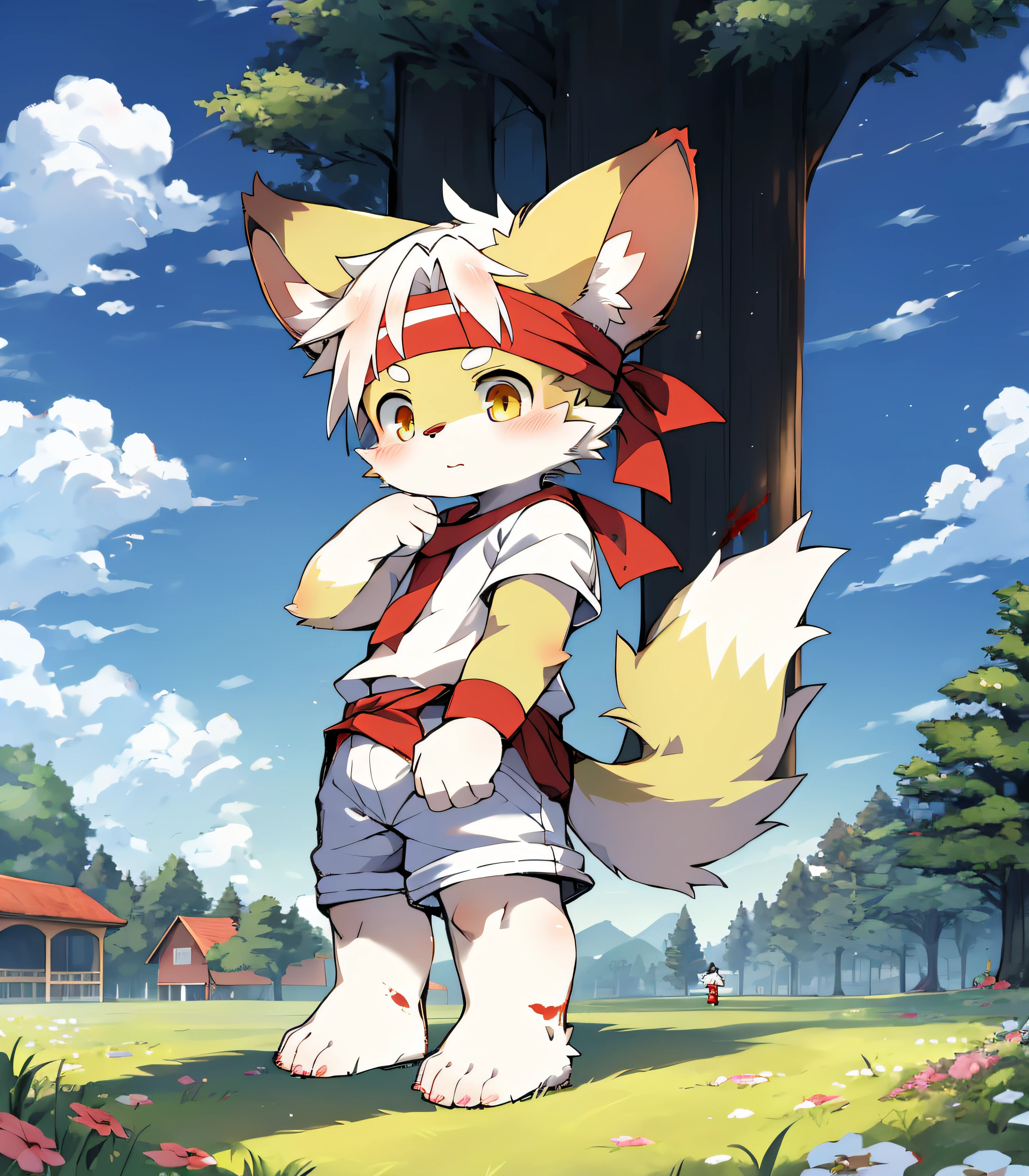 A cartoon cat with a red bandanna standing in front of a tree - SeaArt AI