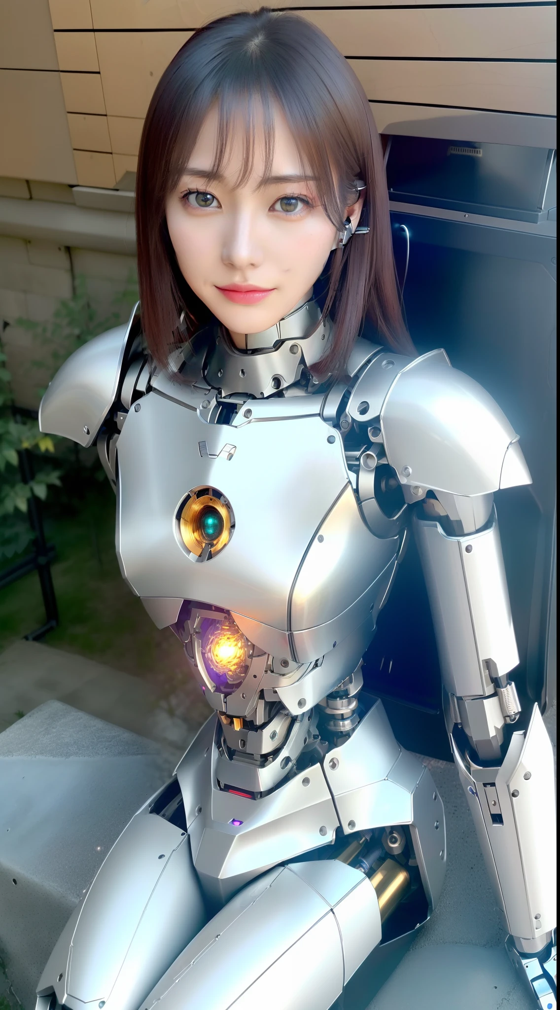 A close up of a woman in a robot suit sitting on a bench - SeaArt AI