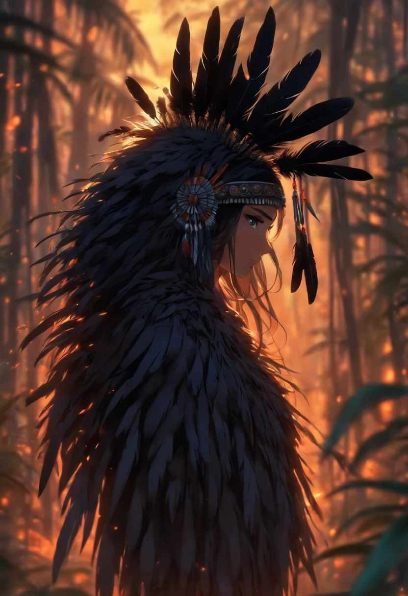 A woman in a feather headdress stands in the woods - SeaArt AI