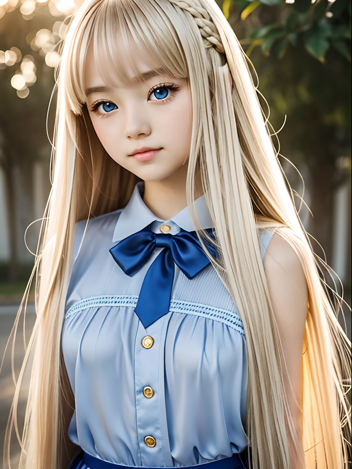 Blond haired girl with blue eyes and long hair posing for a picture - SeaArt AI