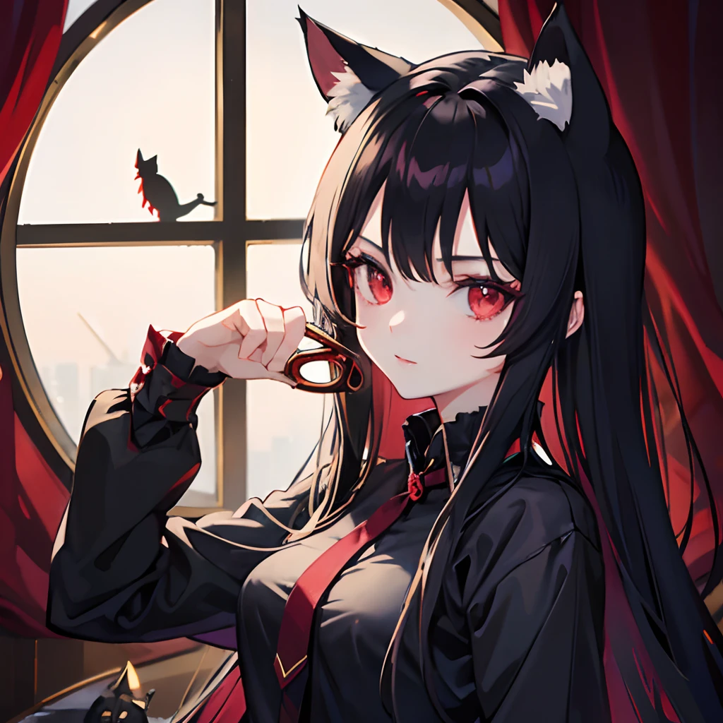девушка аниме с длинными черными волосами и кошачьими ушками держащая пару ножниц Seaart Ai