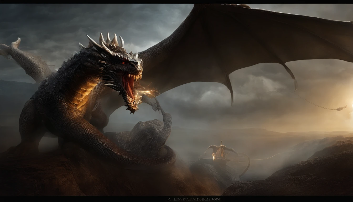 A large dragon with a long tail is standing on a hill - SeaArt AI
