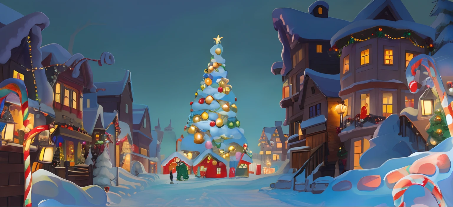 Animated christmas scene with a christmas tree in a snowy town - SeaArt AI
