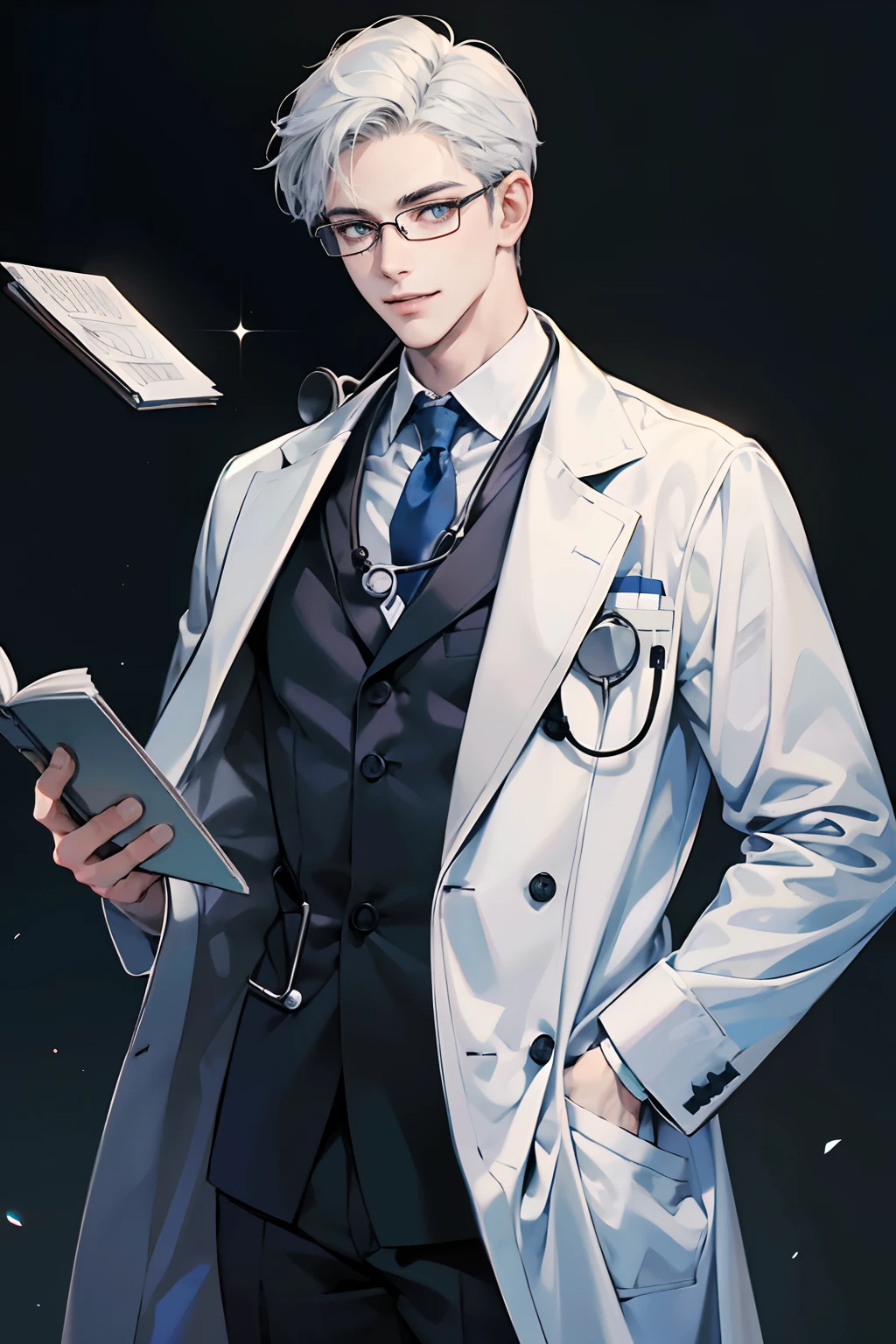 Anime male doctor with white hair and glasses holding a tablet - SeaArt AI