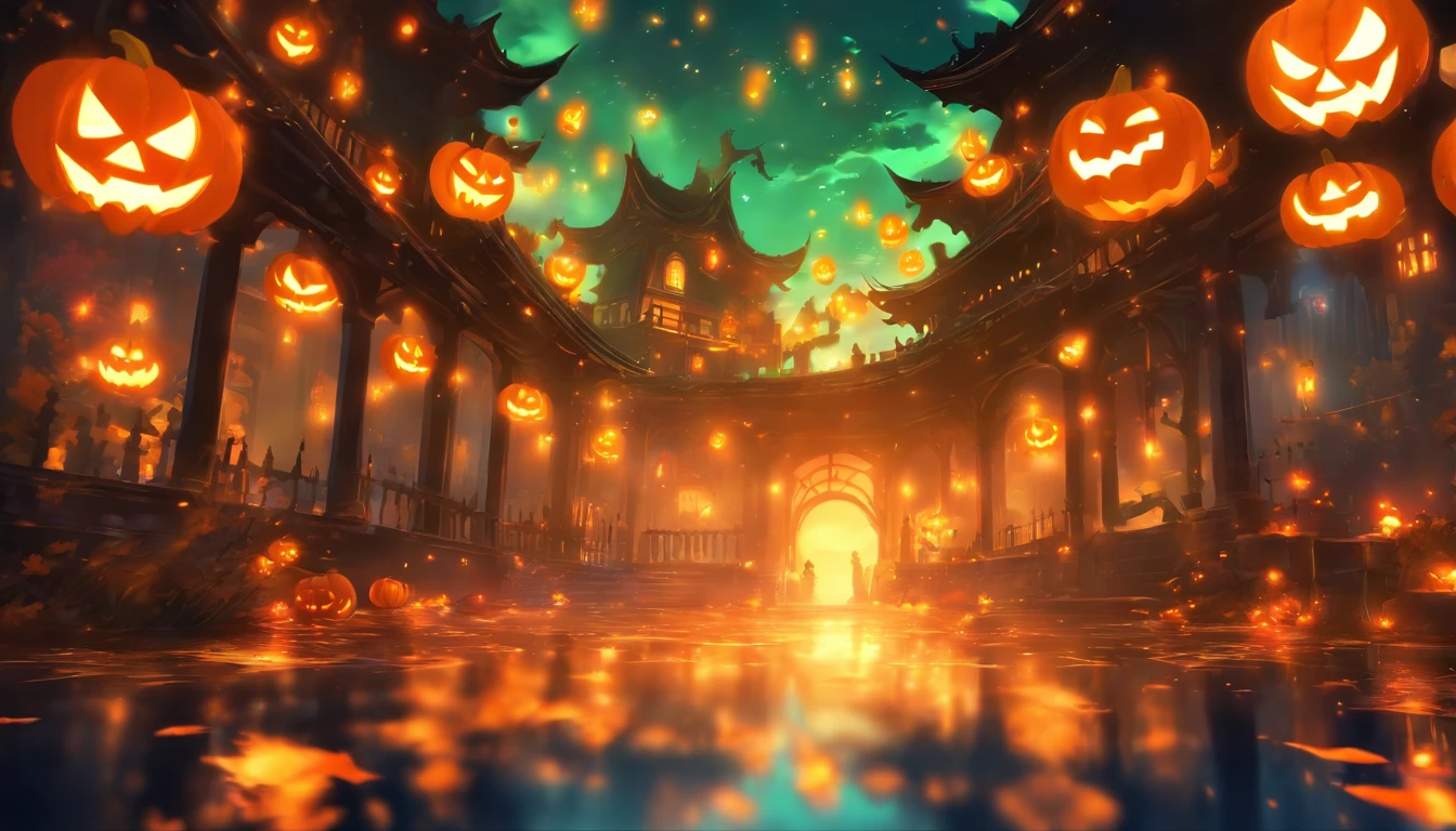 A large hall with pumpkins and lanterns floating in the air - SeaArt AI