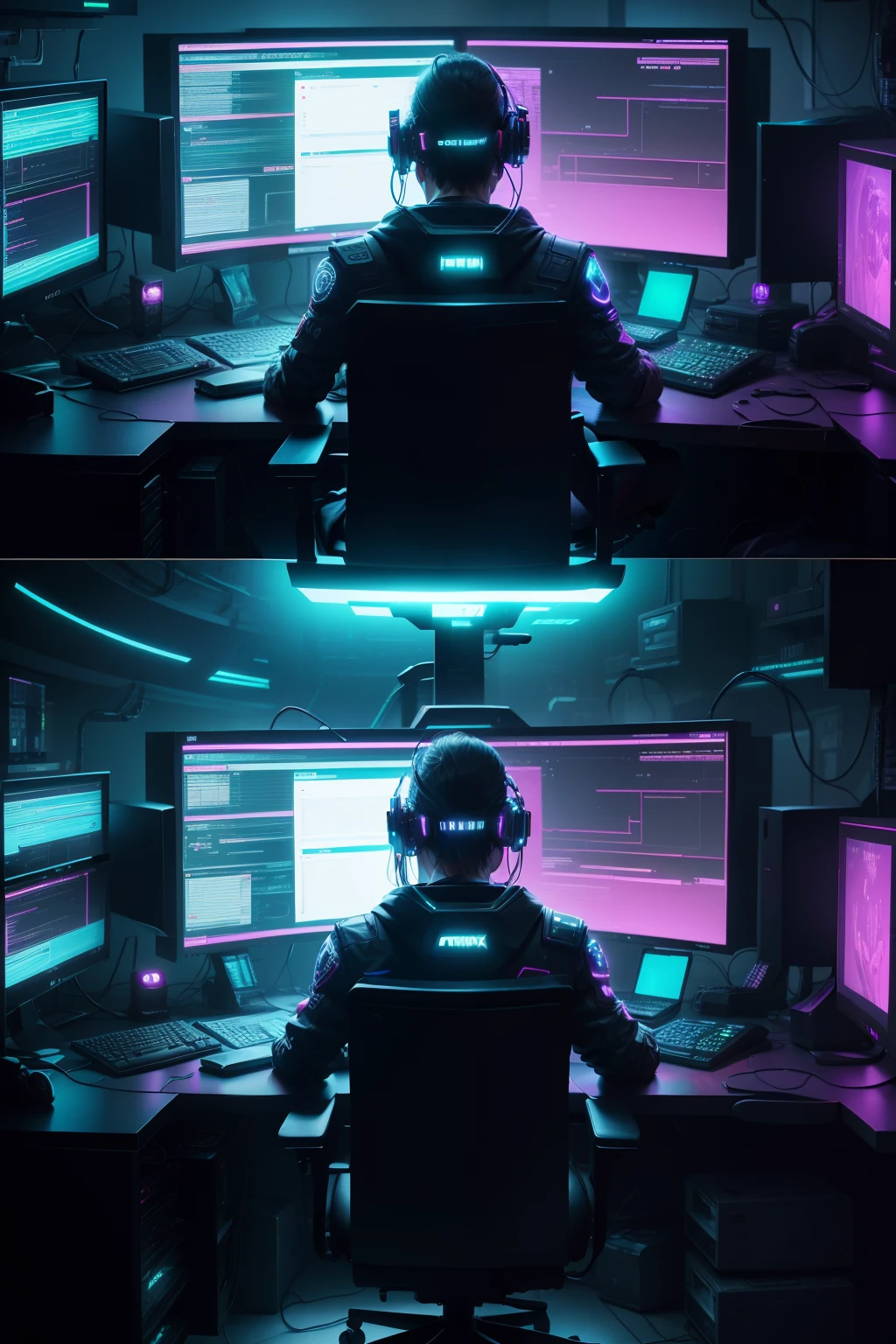 A close up of a person sitting at a desk with a computer - SeaArt AI