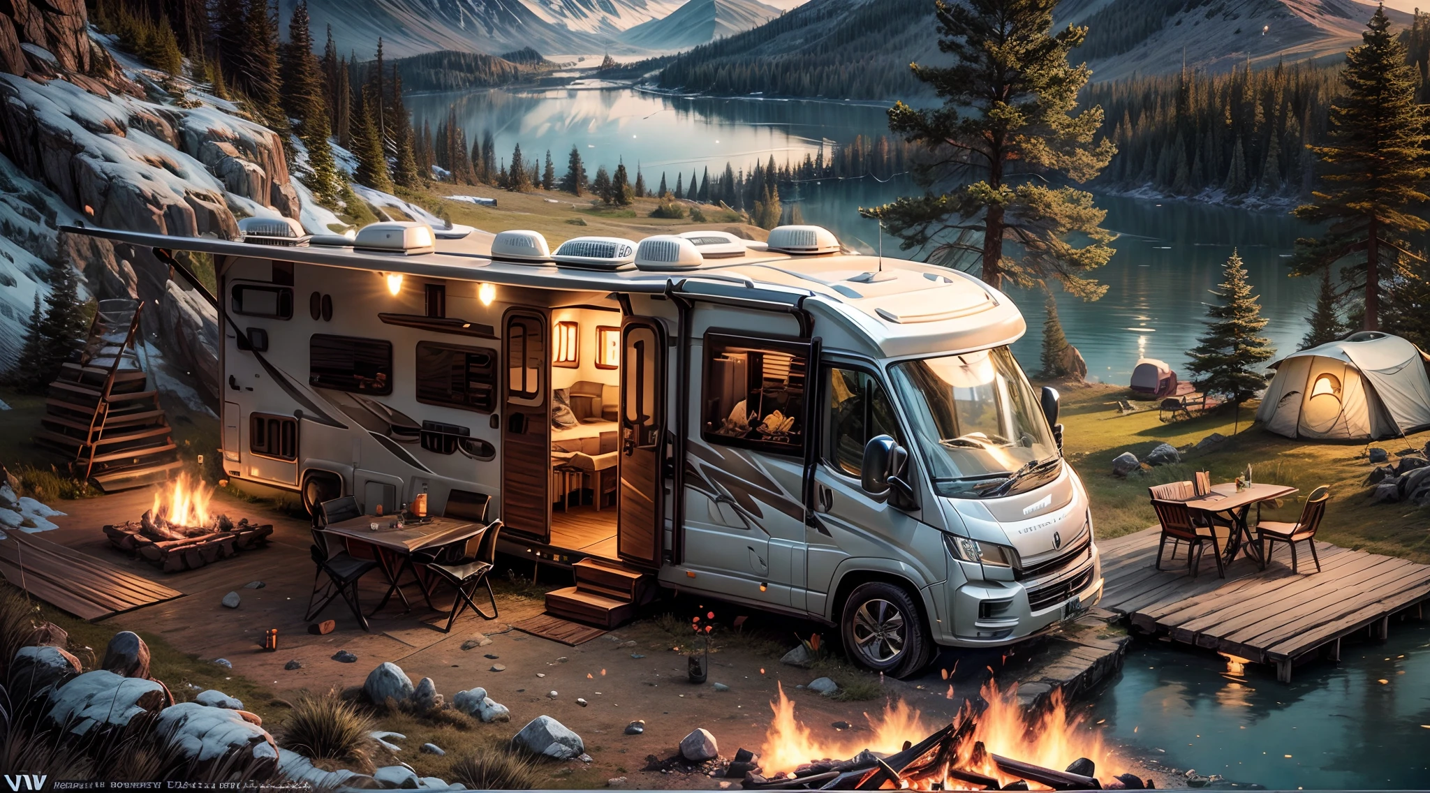 Arafed rv parked on a rocky shore with a camper in the background ...