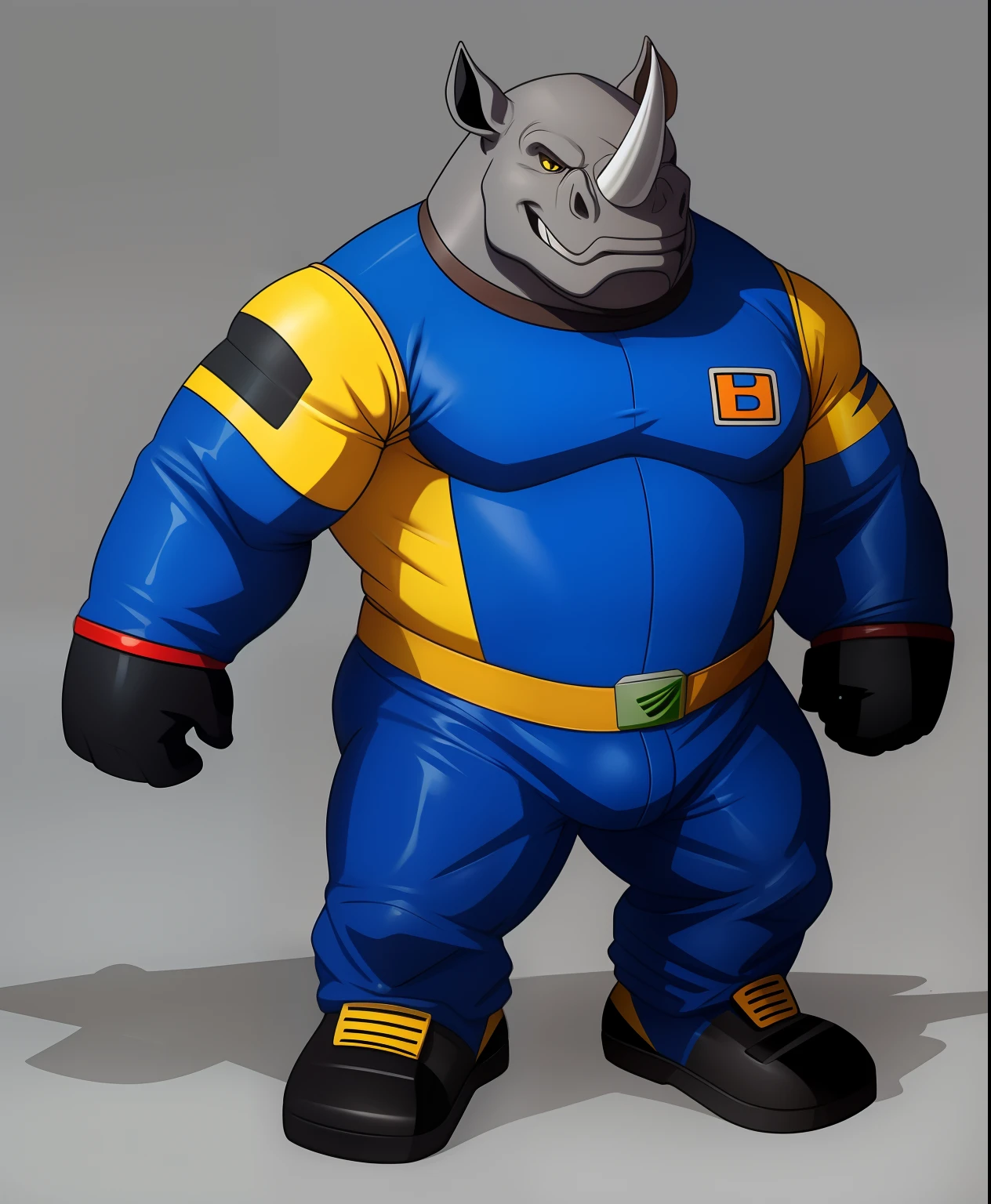 A close up of a toy rhino in a blue and yellow outfit - SeaArt AI