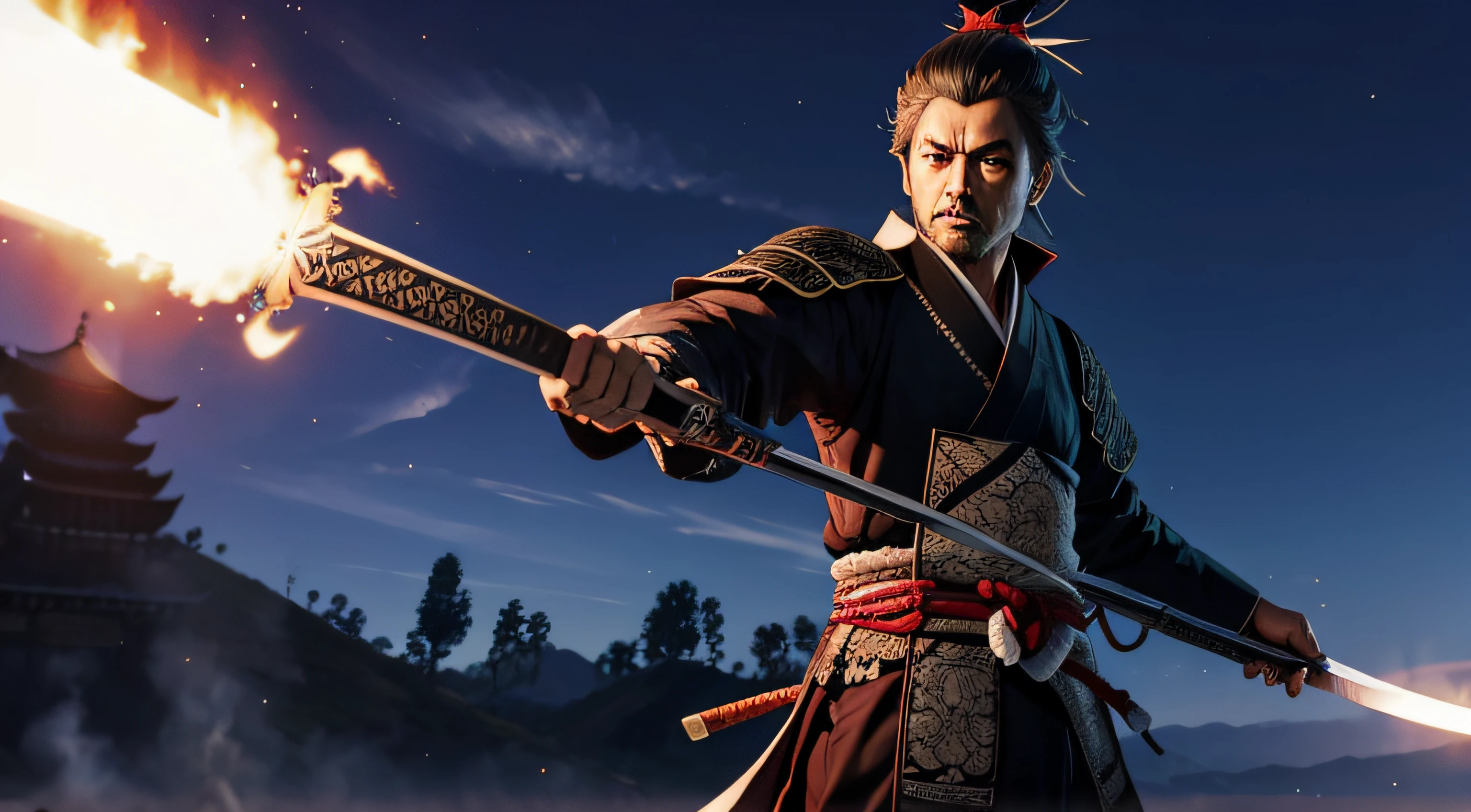 A close up of a person holding a sword with a fire in the air - SeaArt AI