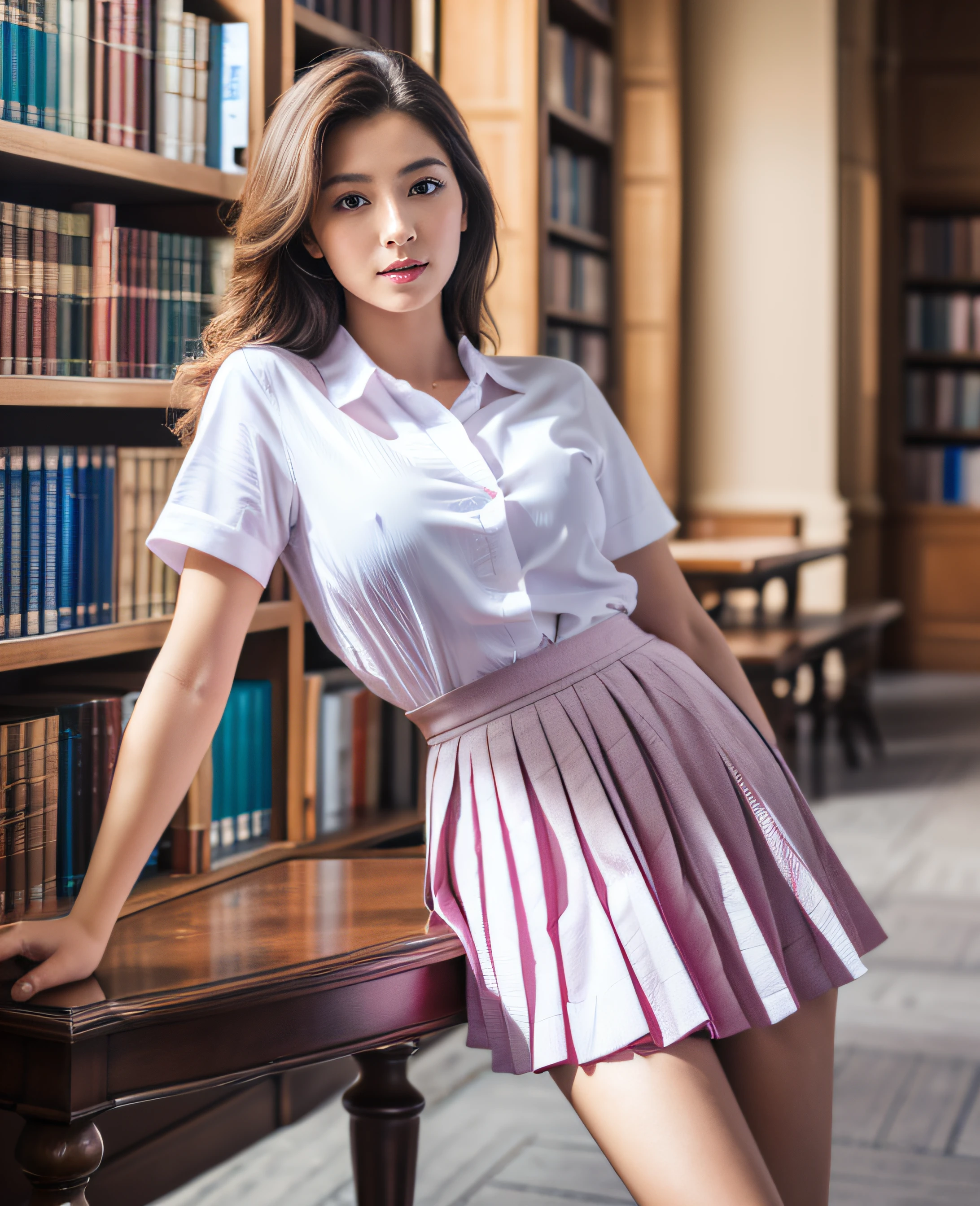 Arafed asian woman in a skirt leaning on a table in a library - SeaArt AI