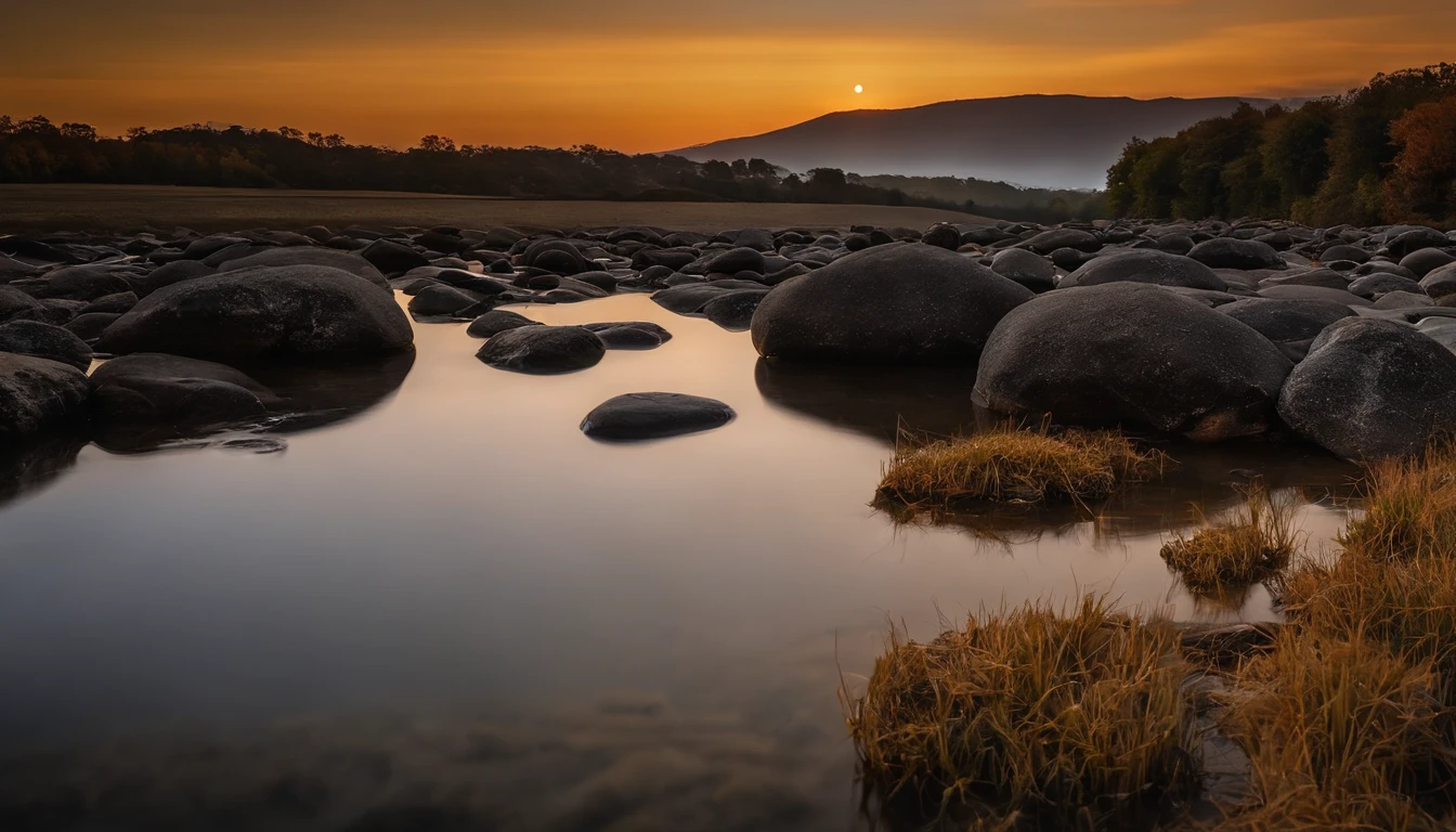 Arafed view of a river with rocks and grass in the foreground - SeaArt AI