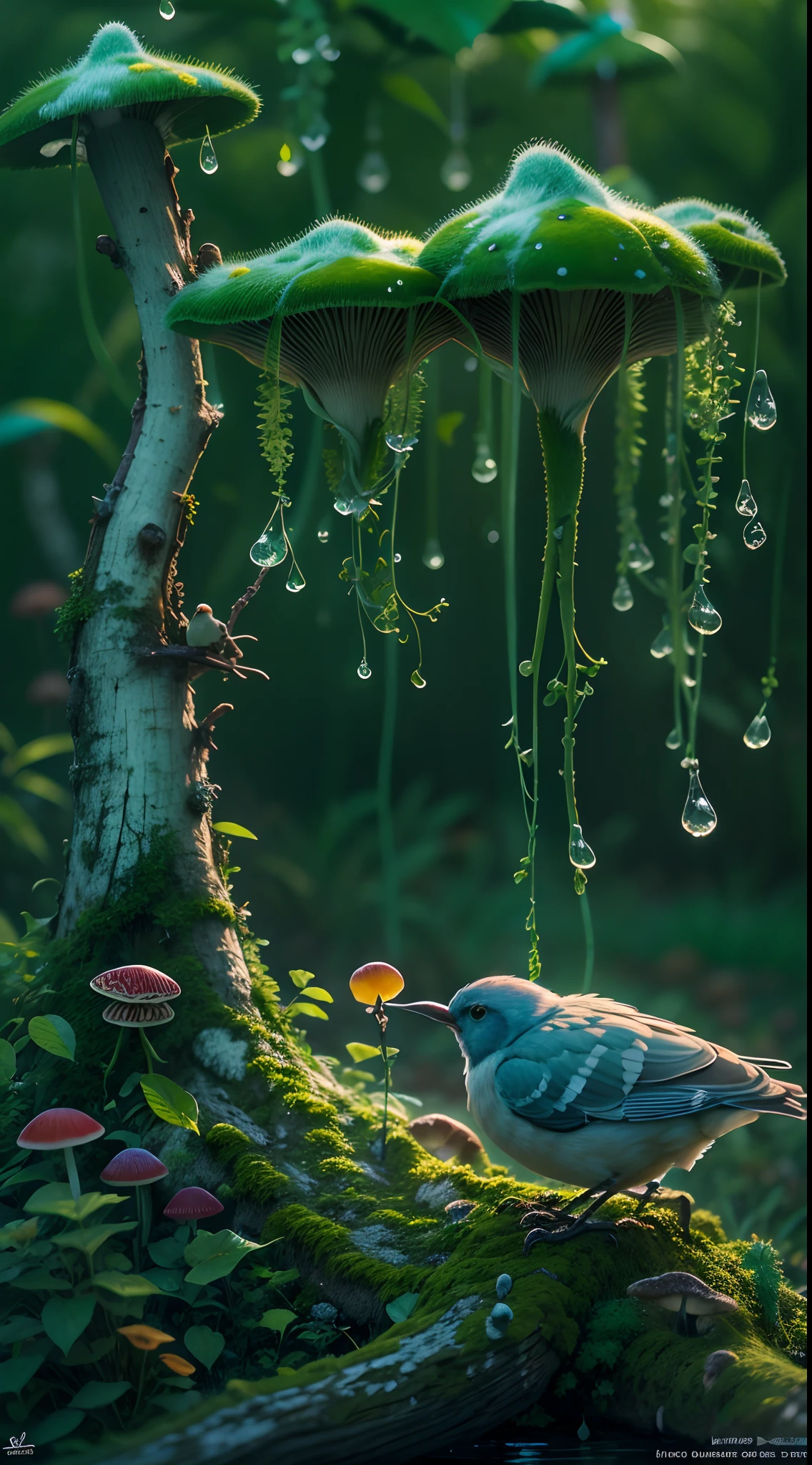 There is a bird that is sitting on a moss covered tree - SeaArt AI