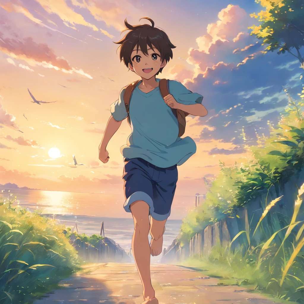 Anime boy running on a path with a backpack on his back - SeaArt AI