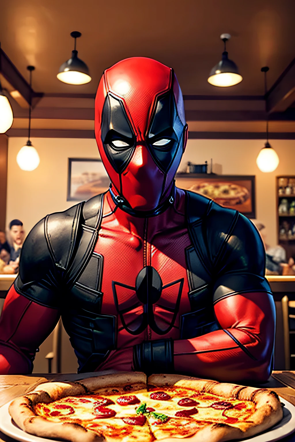 Arafed deadpool is sitting at a table with a pizza - SeaArt AI