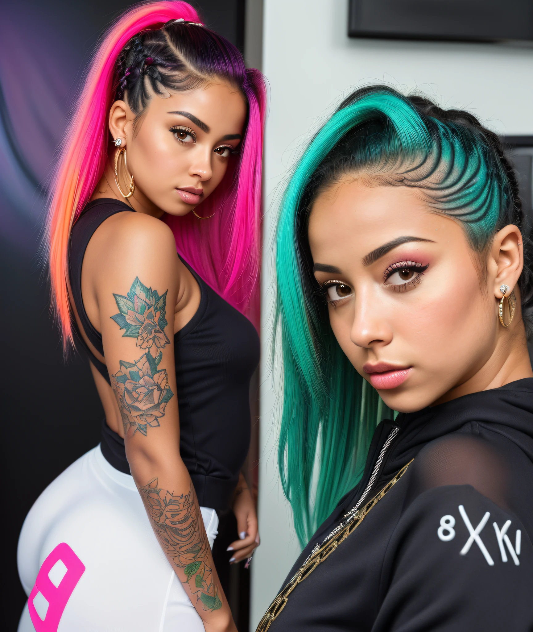 Two women with colorful hair and tattoos posing for a picture - SeaArt AI