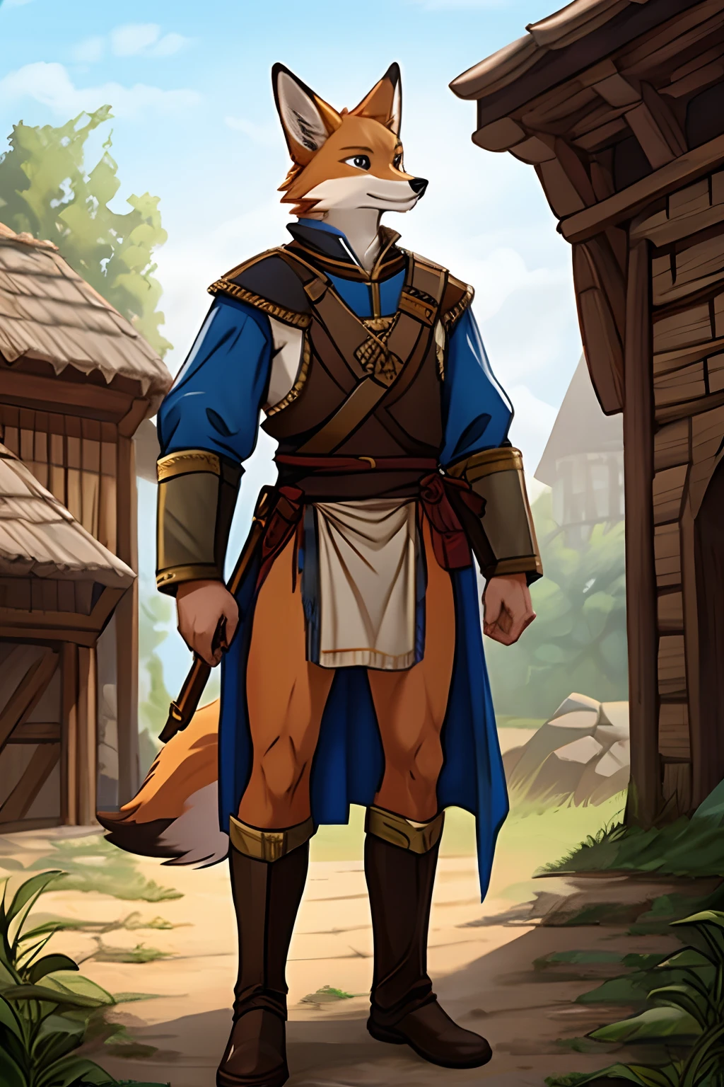 A cartoon image of a man in a blue and brown outfit - SeaArt AI