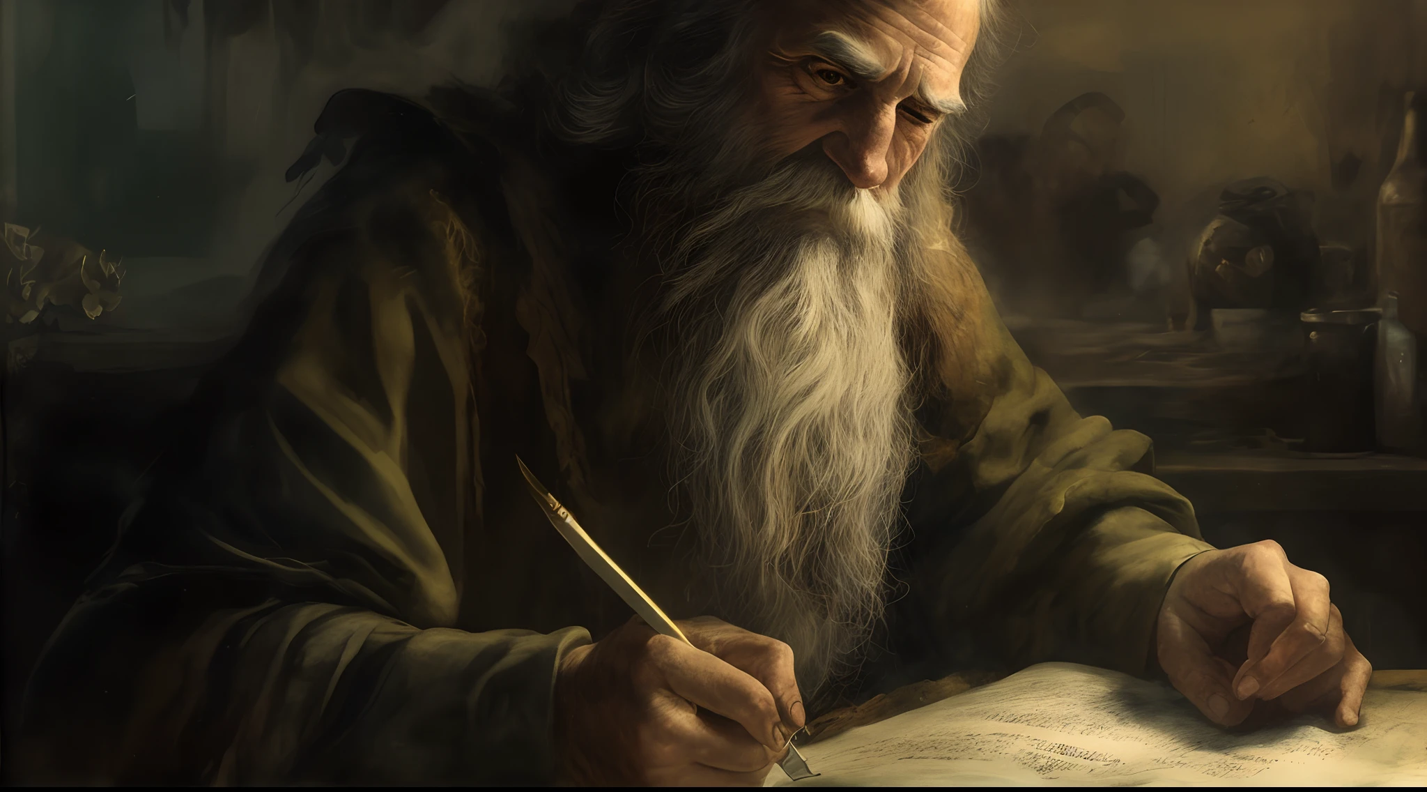 Painting of a man with a long beard writing a book - SeaArt AI