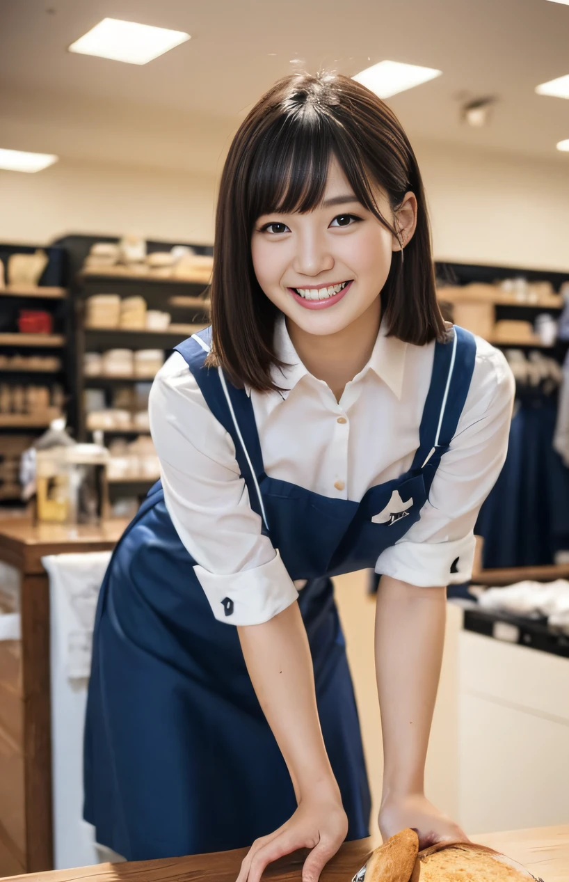 Arafed asian woman in a blue apron is cutting bread - SeaArt AI