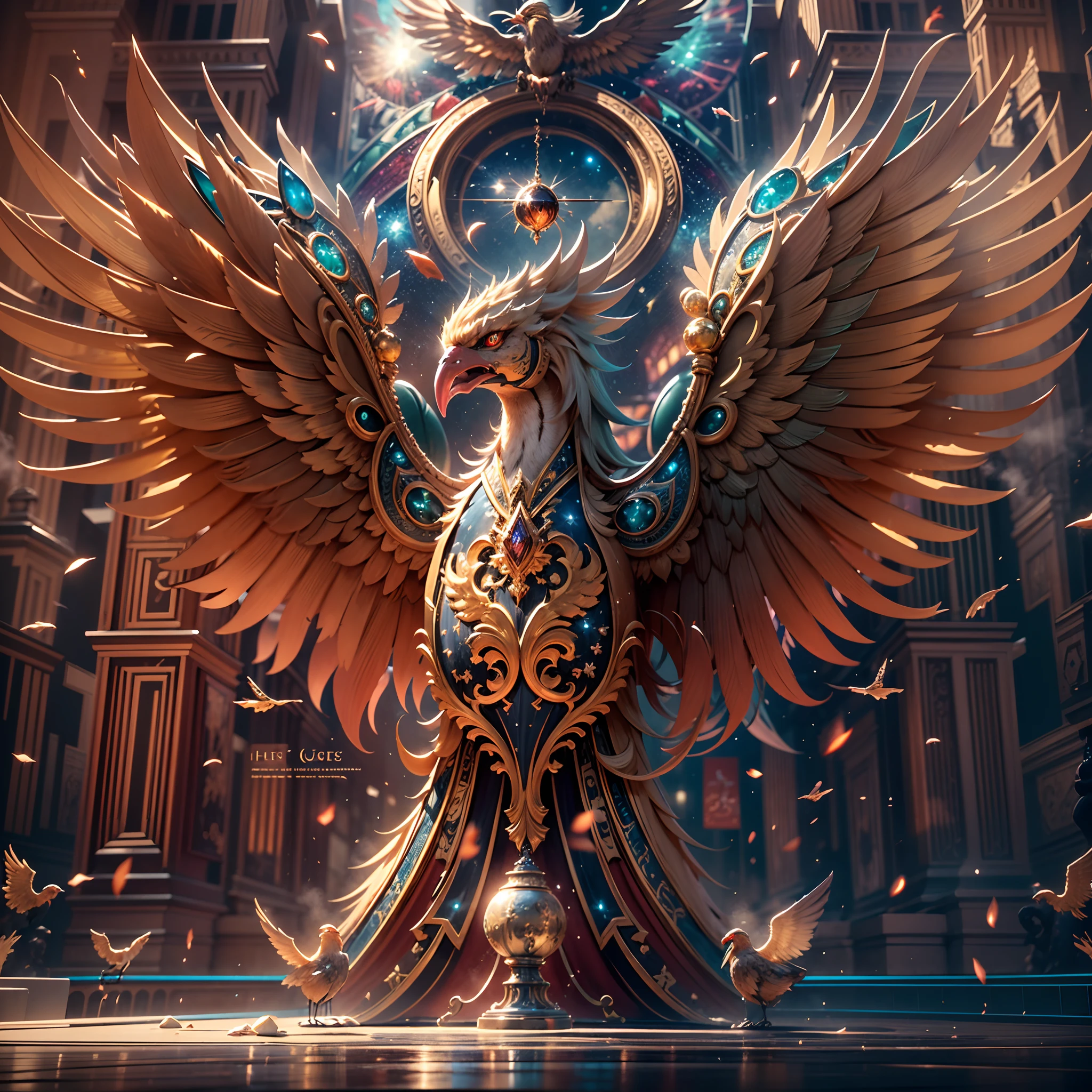 A large bird with wings and a clock on it's back - SeaArt AI