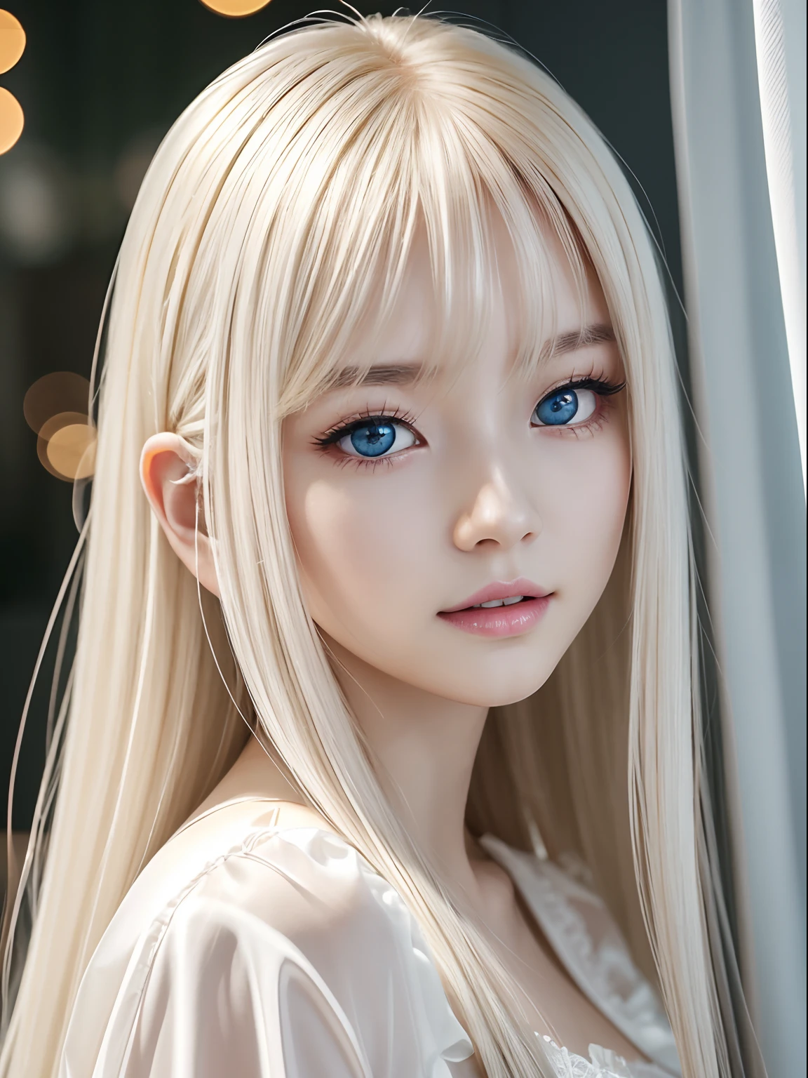 A close up of a woman with long blonde hair and blue eyes - SeaArt AI