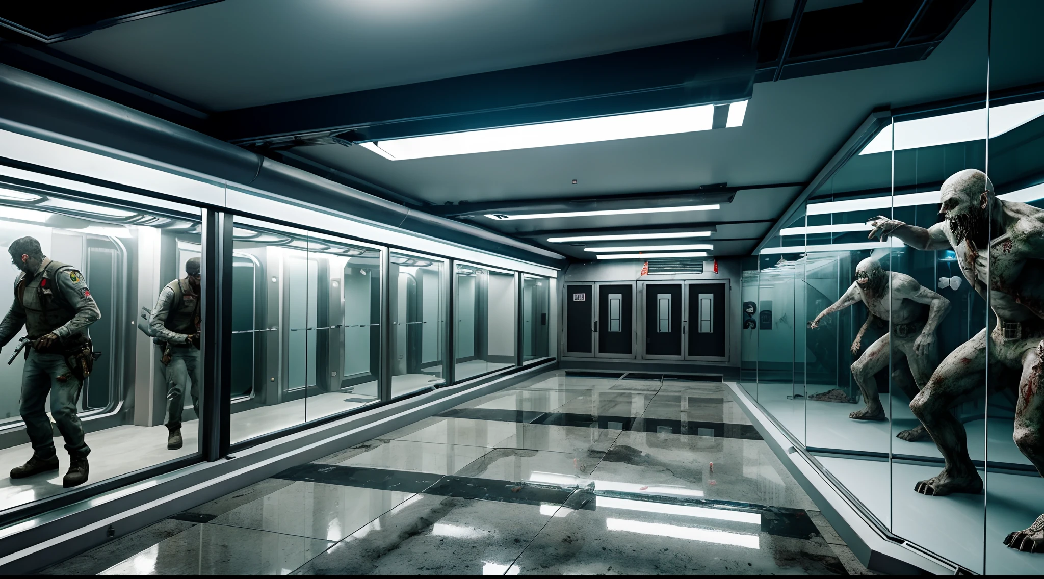 Zombies are walking through a hallway in a building with mirrors ...