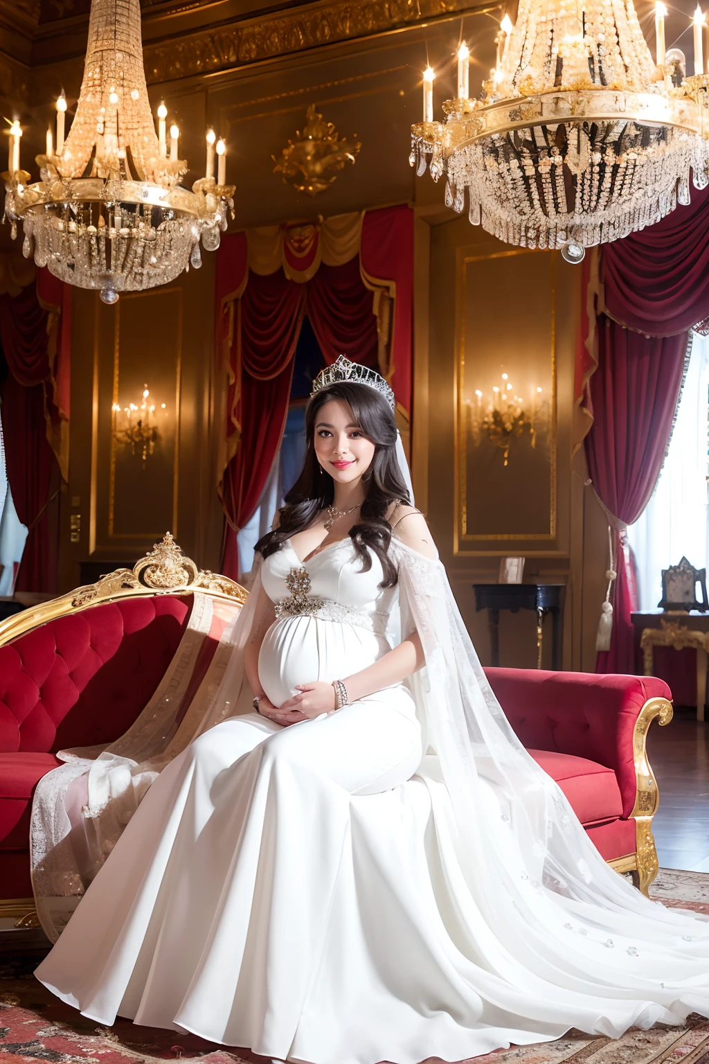A pregnant woman in a wedding dress sitting on a red couch - SeaArt AI