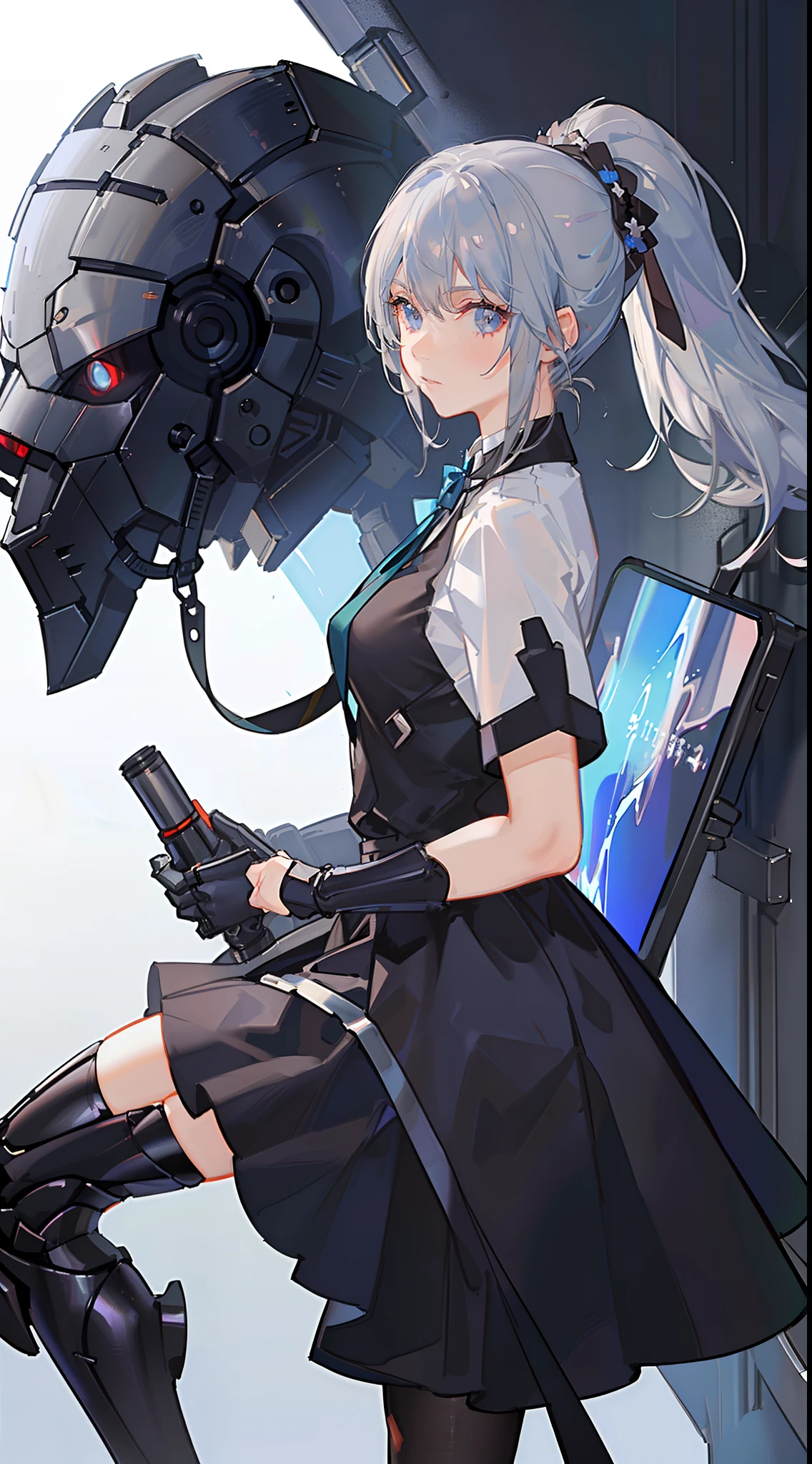 Anime girl with gun and robot in background - SeaArt AI