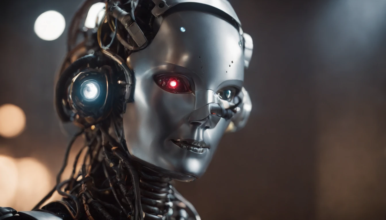 A close up of a robot with headphones on and glowing eyes - SeaArt AI