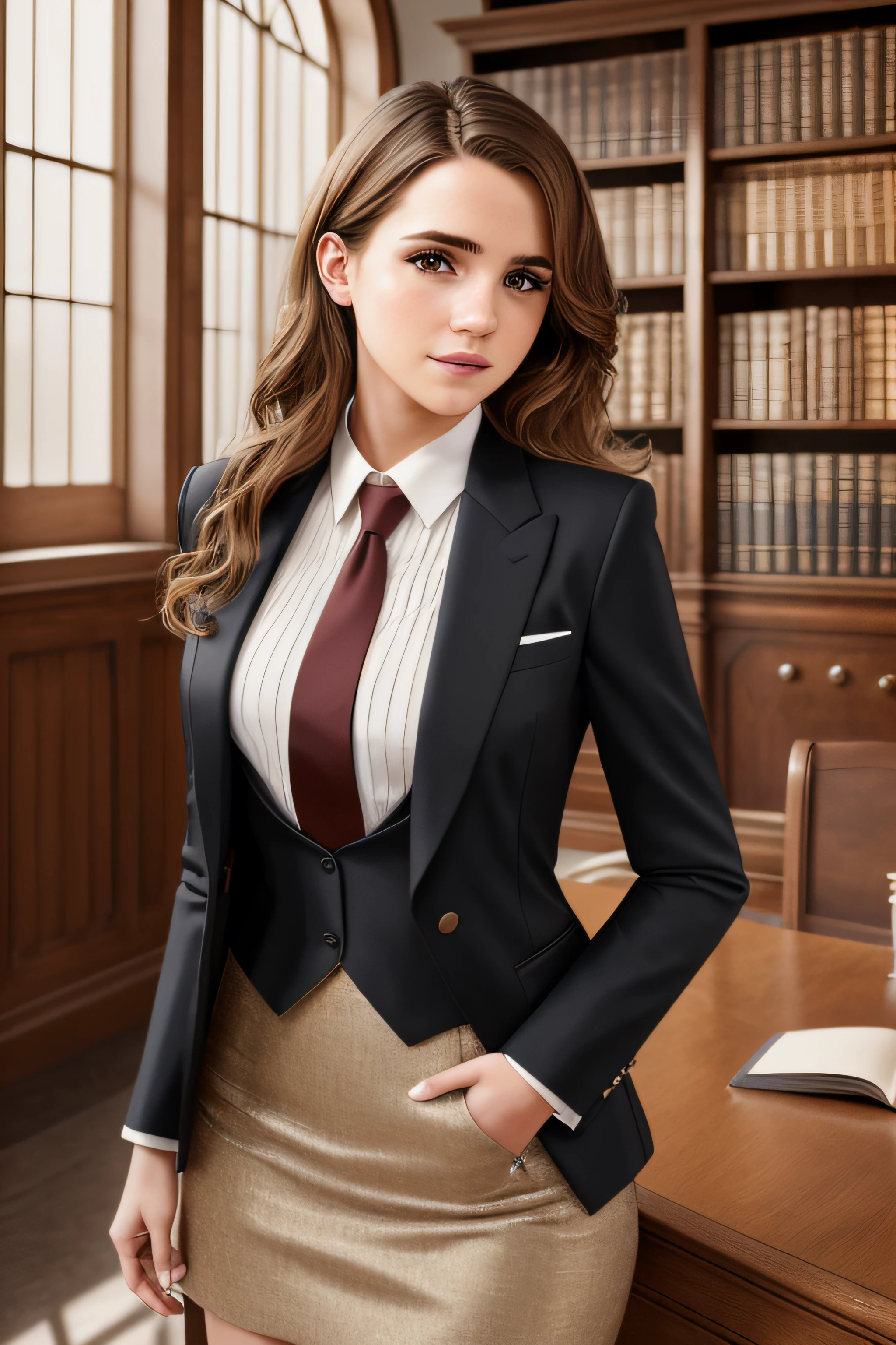 A woman in a suit and tie standing in a library - SeaArt AI