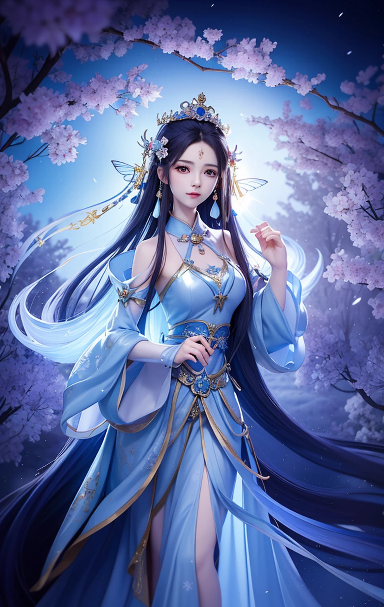 A woman in a blue dress and a crown standing in front of a tree - SeaArt AI