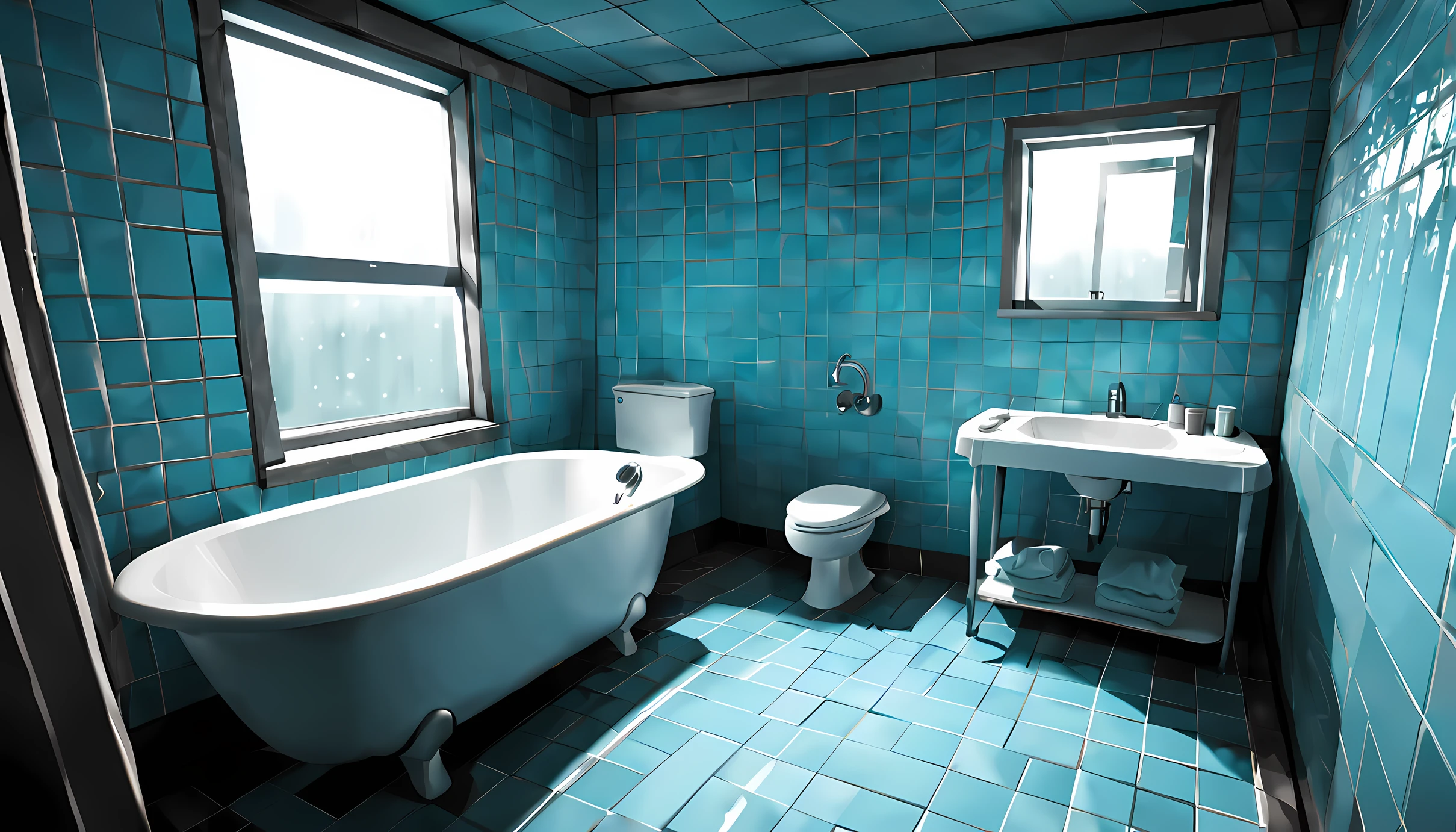 There is a bathtub and a toilet in a blue tiled bathroom - SeaArt AI