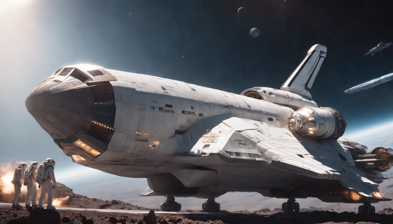 A close up of a space shuttle on a surface with people standing around ...