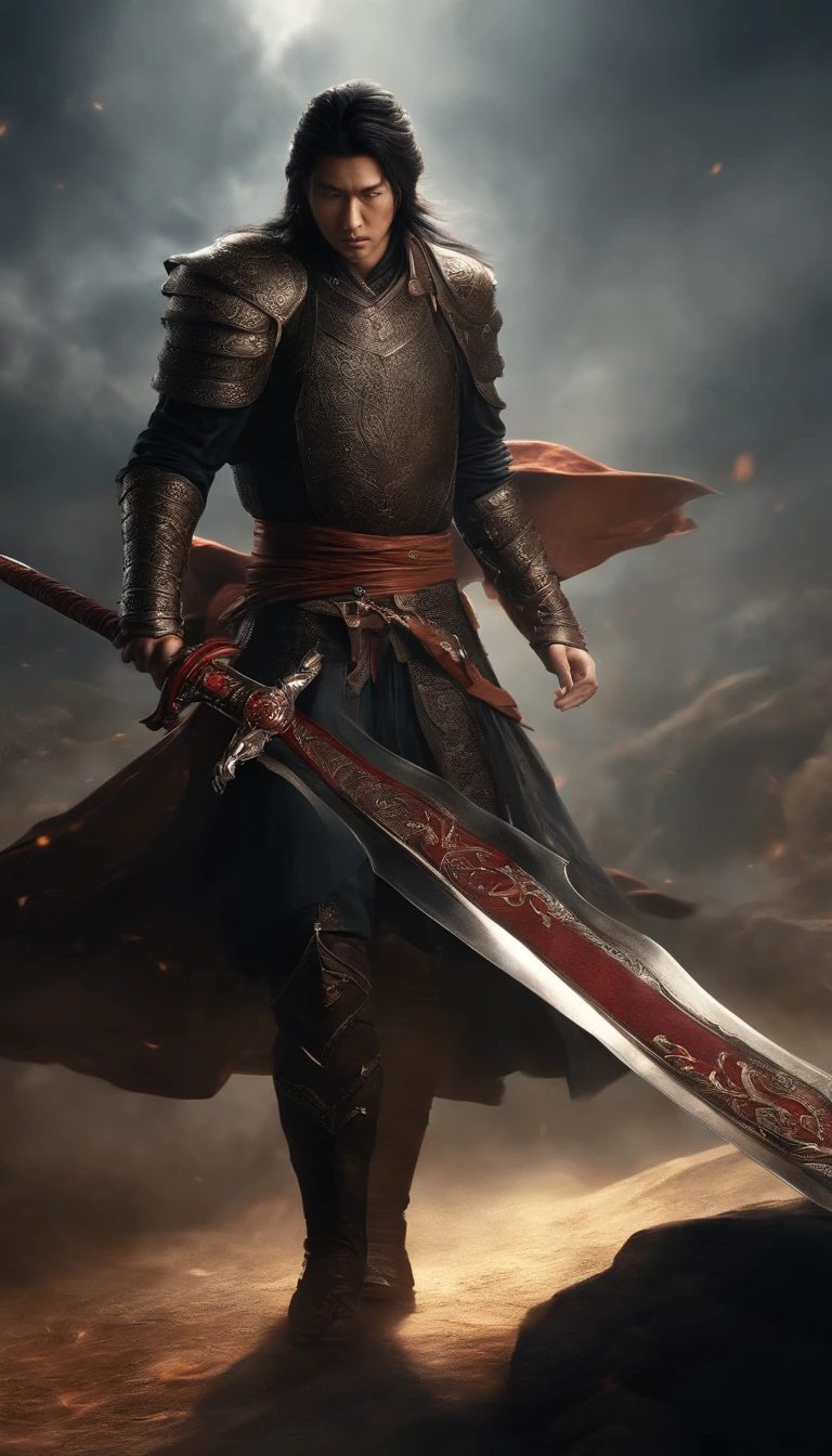 A man in armor holding a sword standing on a hill - SeaArt AI