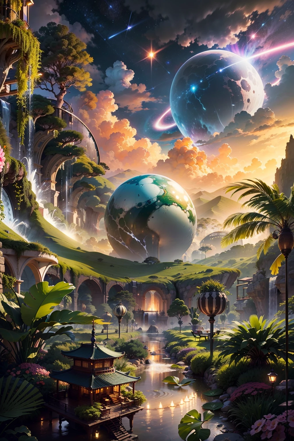 A painting of a futuristic landscape with a planet in the middle ...