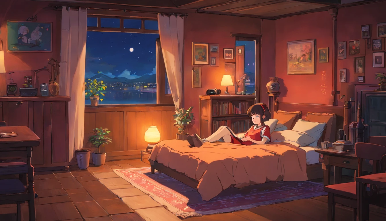 Anime scene of a girl reading a book in a bedroom - SeaArt AI