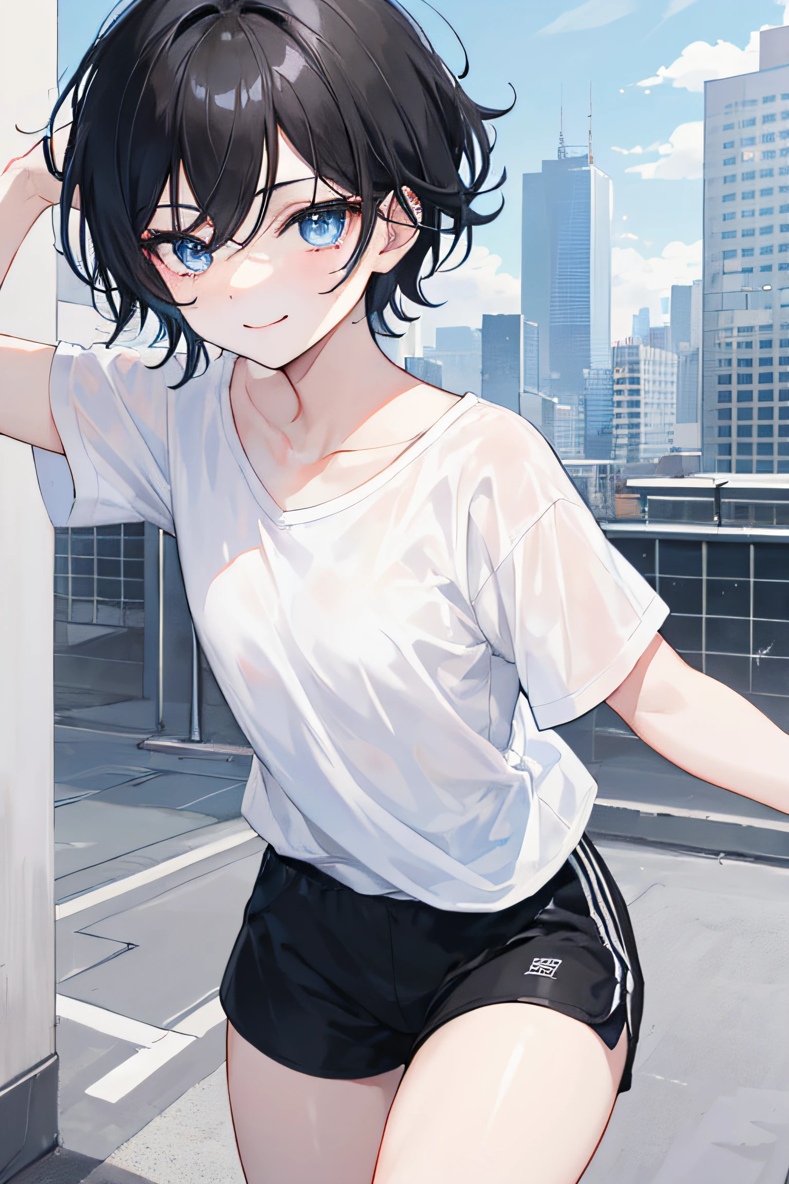 Anime girl in white shirt and black shorts posing on a rooftop - SeaArt AI