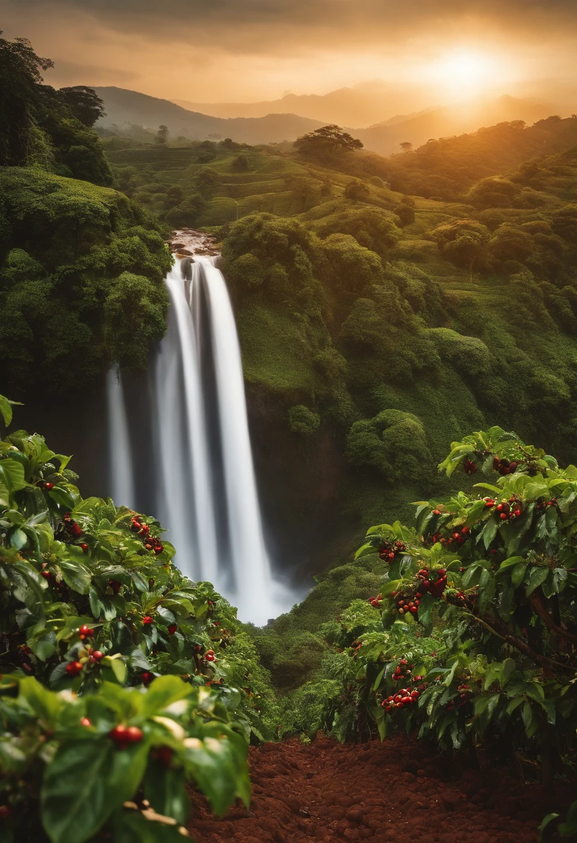 A waterfall in the middle of a lush green forest with a sunset - SeaArt AI