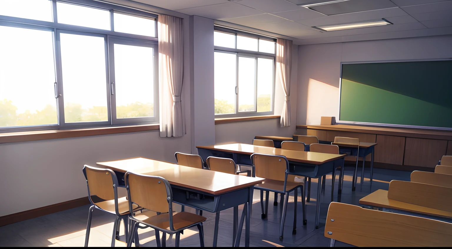 There are many empty desks in a classroom with a blackboard - SeaArt AI