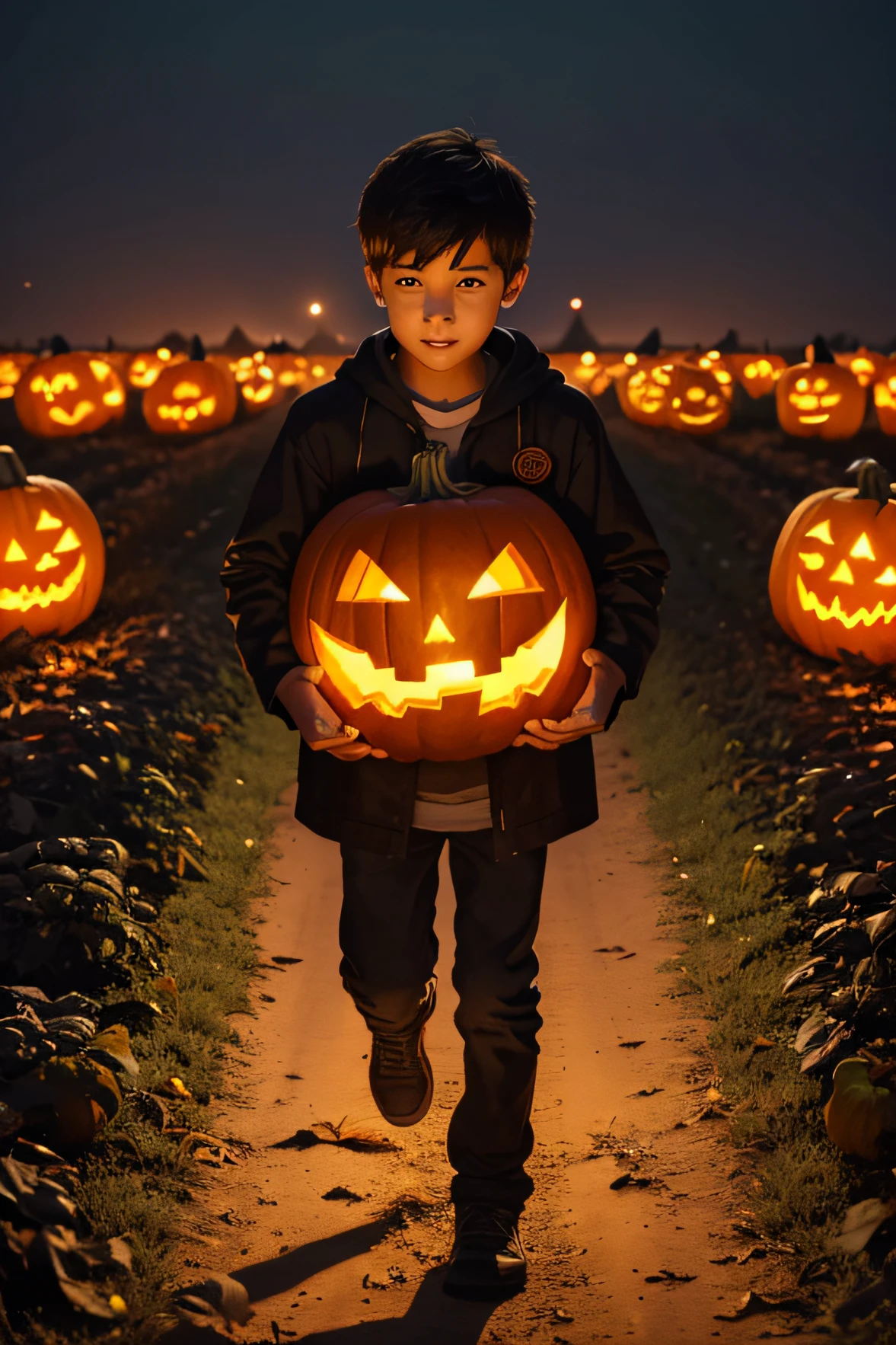 Arafed boy holding a pumpkin in a field of pumpkins - SeaArt AI